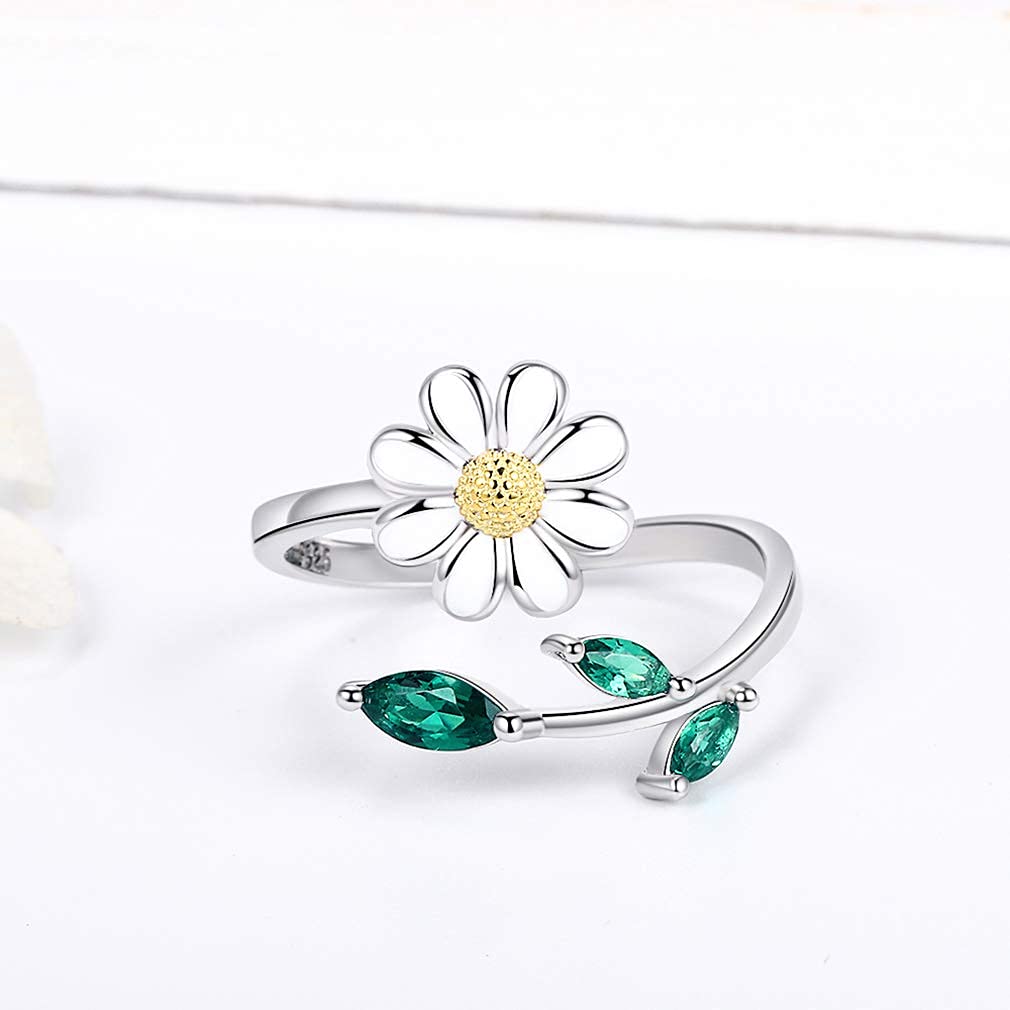 Bolelis 925-Sterling-Silver Sunflower Daisy Ring for Women - Cute Leaf Adjustable You are My Sunshine Ring,Promise Engagement Ring Jewelry for Women Girlfriend (Daisy Ring)