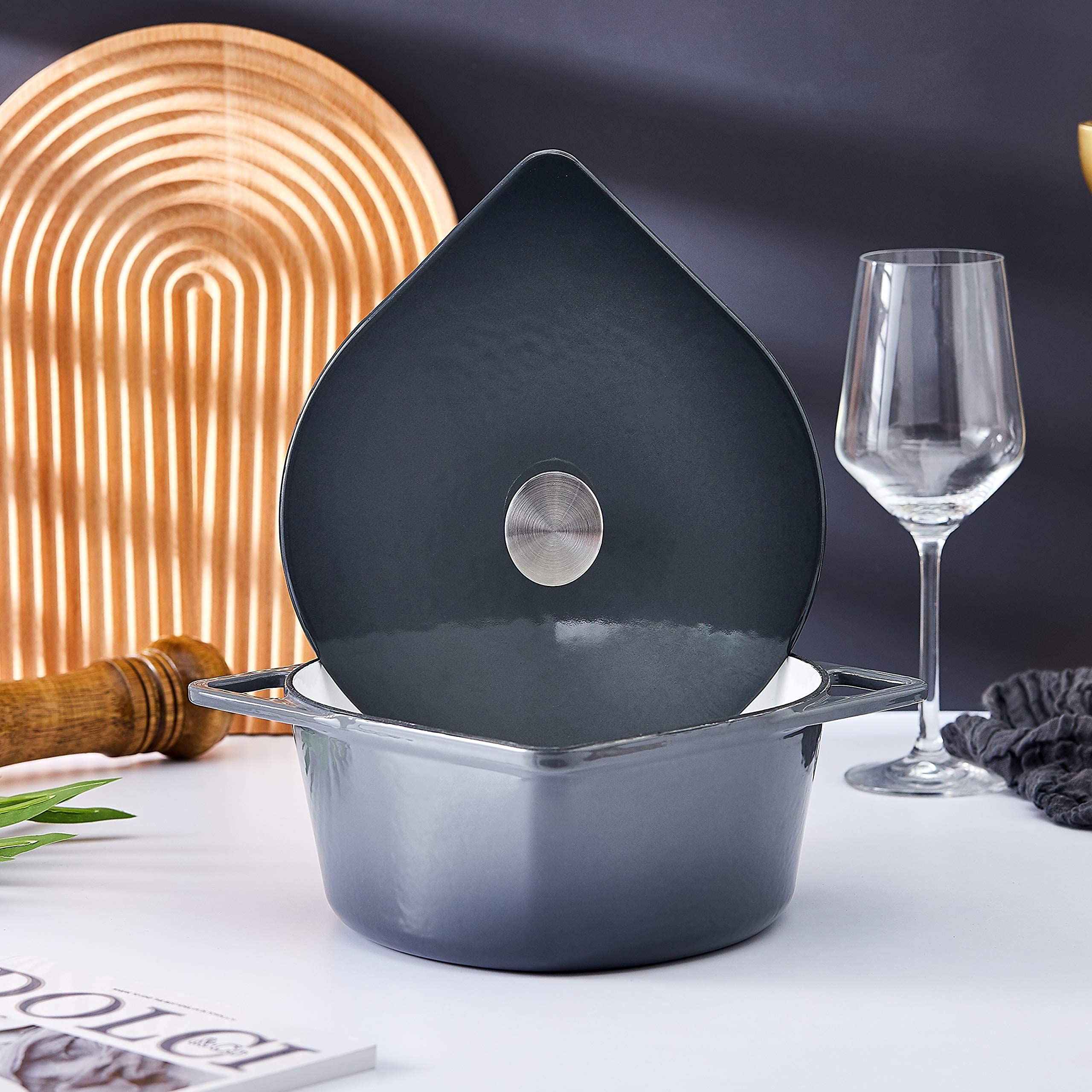 Bruntmor 3 Quart Cast Iron Enameled Dutch Oven Modern Squoval Shaped Design. Nonstick Seasoned Pot With Stainless Steel Knob for Dinner, Grey, Enamel Cast Iron.