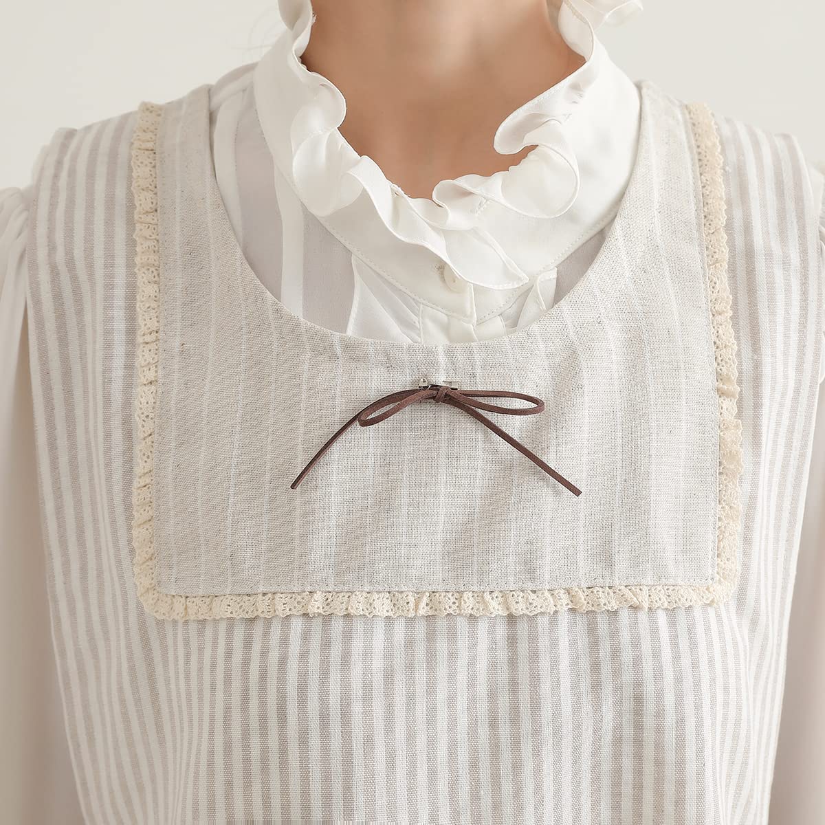 Cotton Linen Apron Wheat White Color Lace & Bow Decoration Aprons Japanese Style Girl Style Side Button Kitchen Cooking Clothes