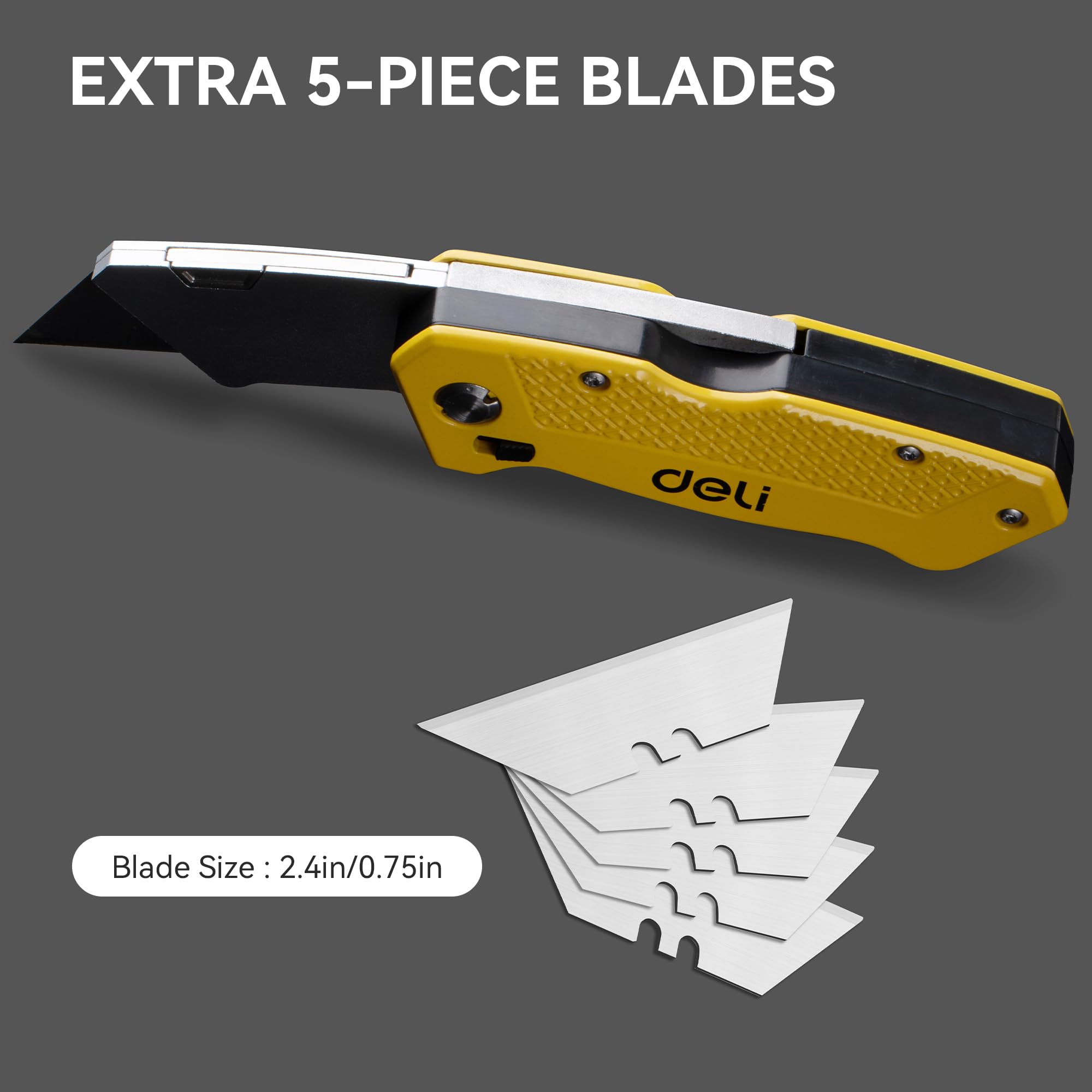 deli Folding Utility Knife Box Cutter Quick Change Blades, Back-lock Small Utility knife, Portable Belt Clip, with 5-Piece Extra Blades, Yellow