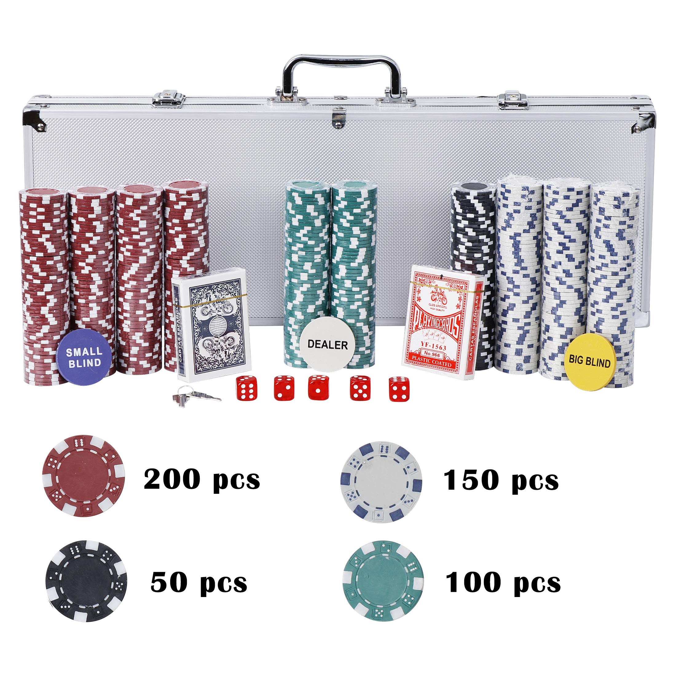 Smartxchoices 500 PCS Poker Chip Set 11.5 Gram Dice Style Clay Casino Poker Chips w/Aluminum Case Cards Dices Blind Button for Texas Holdem Blackjack Gambling