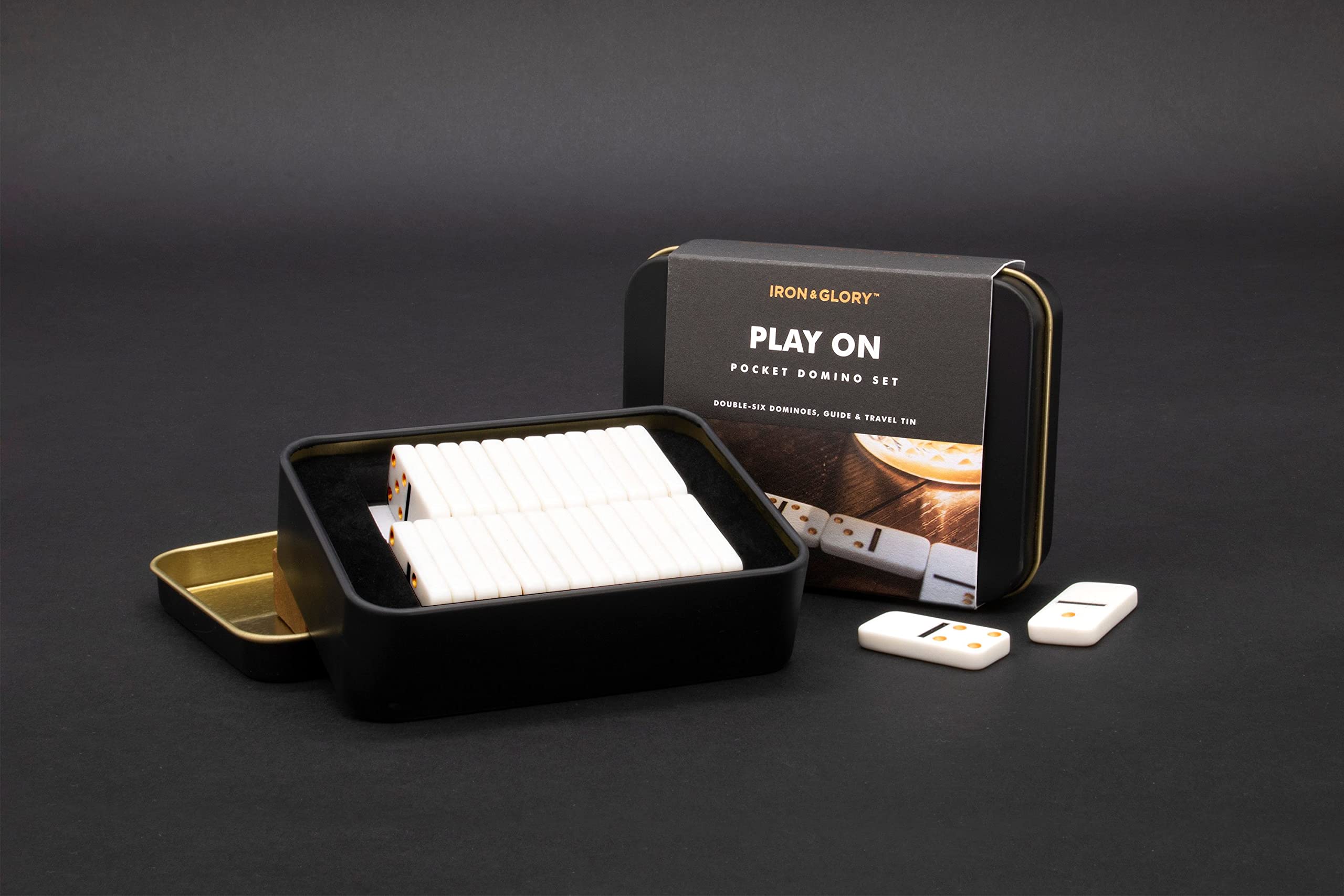 Iron & Glory | Dominoes Set | Travel Games for Adults | Mini Dominoes Set with Metal Tin Case | Family Games for Game Night | 28 Numeral Dominos & Board Game Essentials | Domino Gifts | White