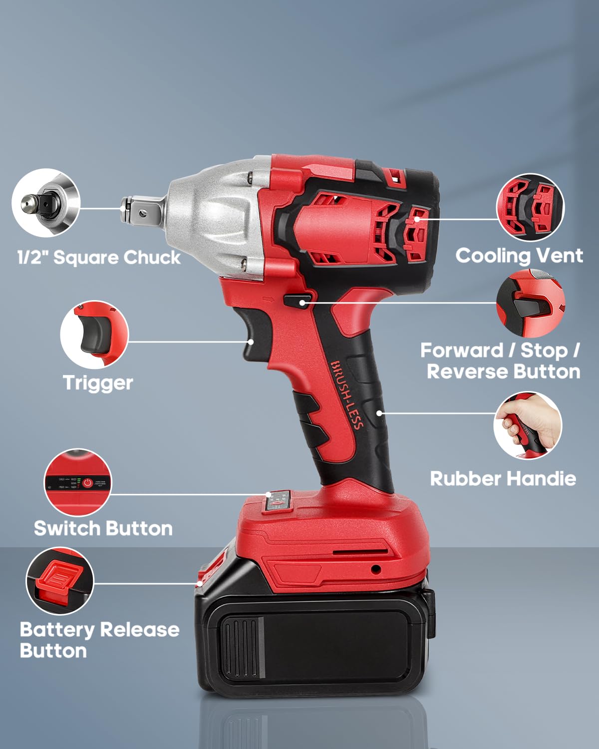 GCCSJ Cordless Impact Wrench 1/2 Inch Brushless High Torque Wrenches 210 ft-lbs Right Angle Detent Anvil Impact Drive Set Kit 2 Battery 18V 2300RPM Chuck/Drill/Sockets/Tool Box/Fast Charger
