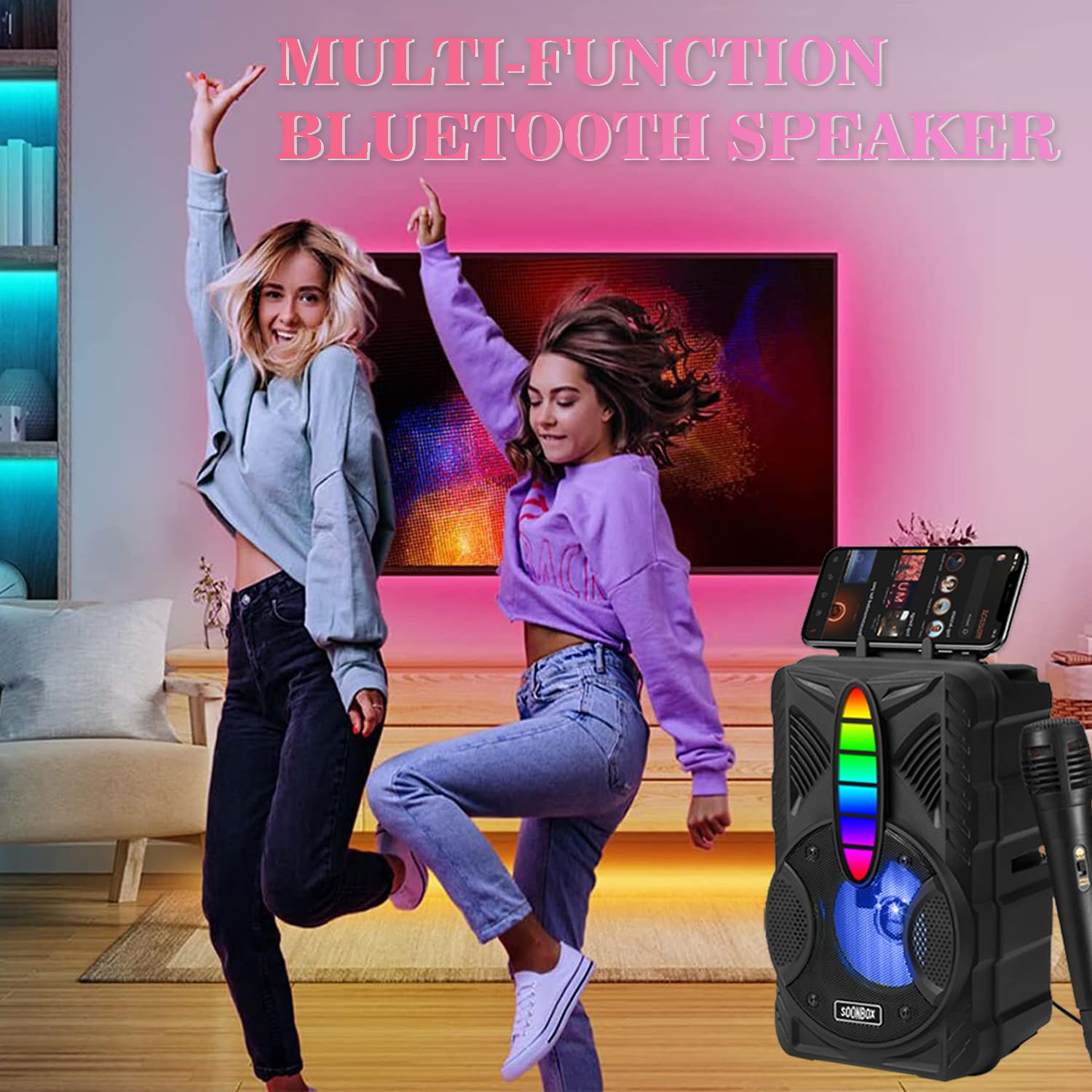 Bluetooth Speaker, IPX5 Waterproof Speaker with HD Sound, RGB Multi-Colors Rhythm Lights, Up to 8H Playtime, TWS Pairing, Portable Wireless Speakers for Home, Outdoor,(Comes with a Microphone)