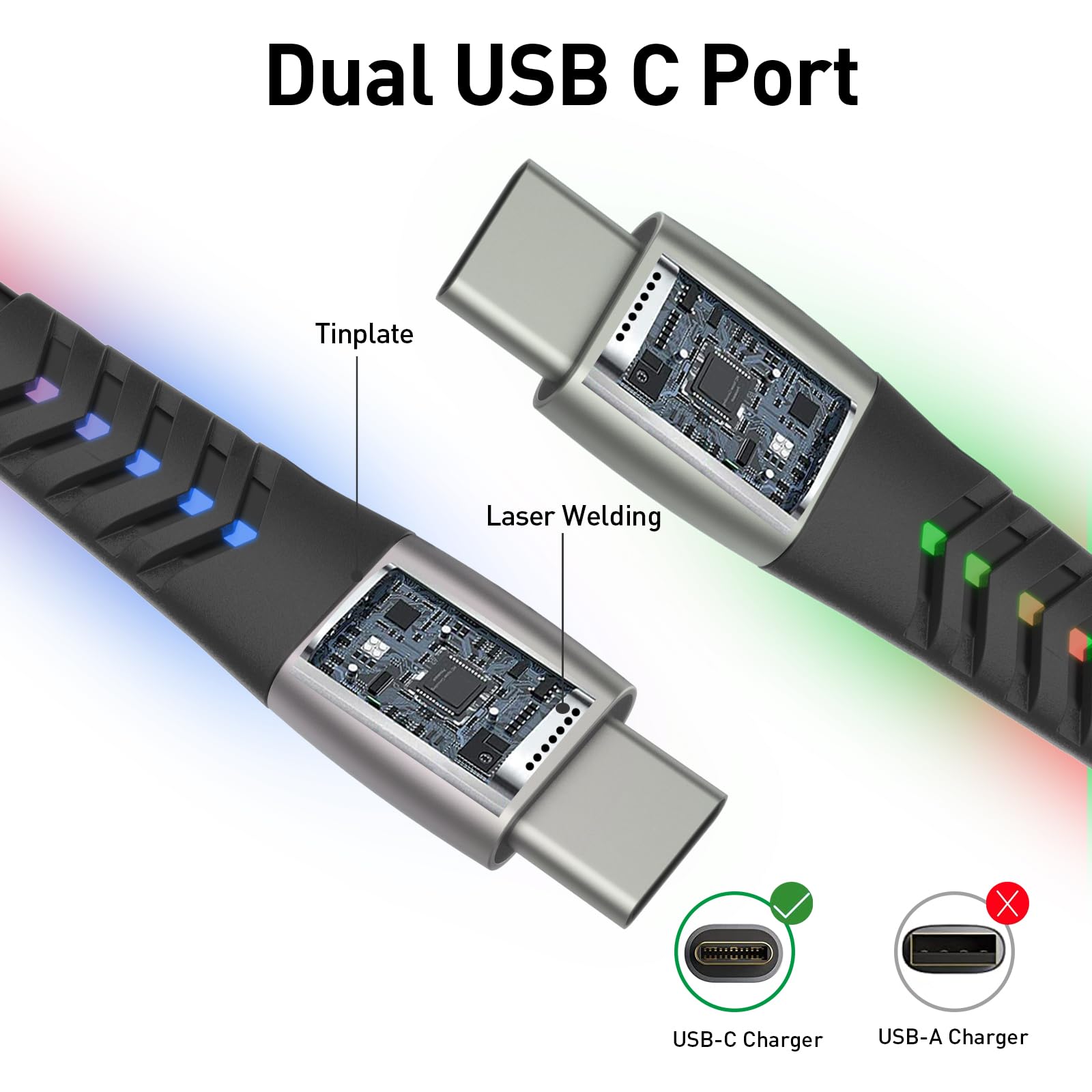 byojia USB C Charger Cable 60W Colors Changing Light up USB C to USB C Cable for iPhone 15/15Pro/ 15Plus/15ProMax MacBook Pro 2020, Pad Pro 2020, Pad Air4, Samsung S23+/S23 Ultra (Grey, 6FT)