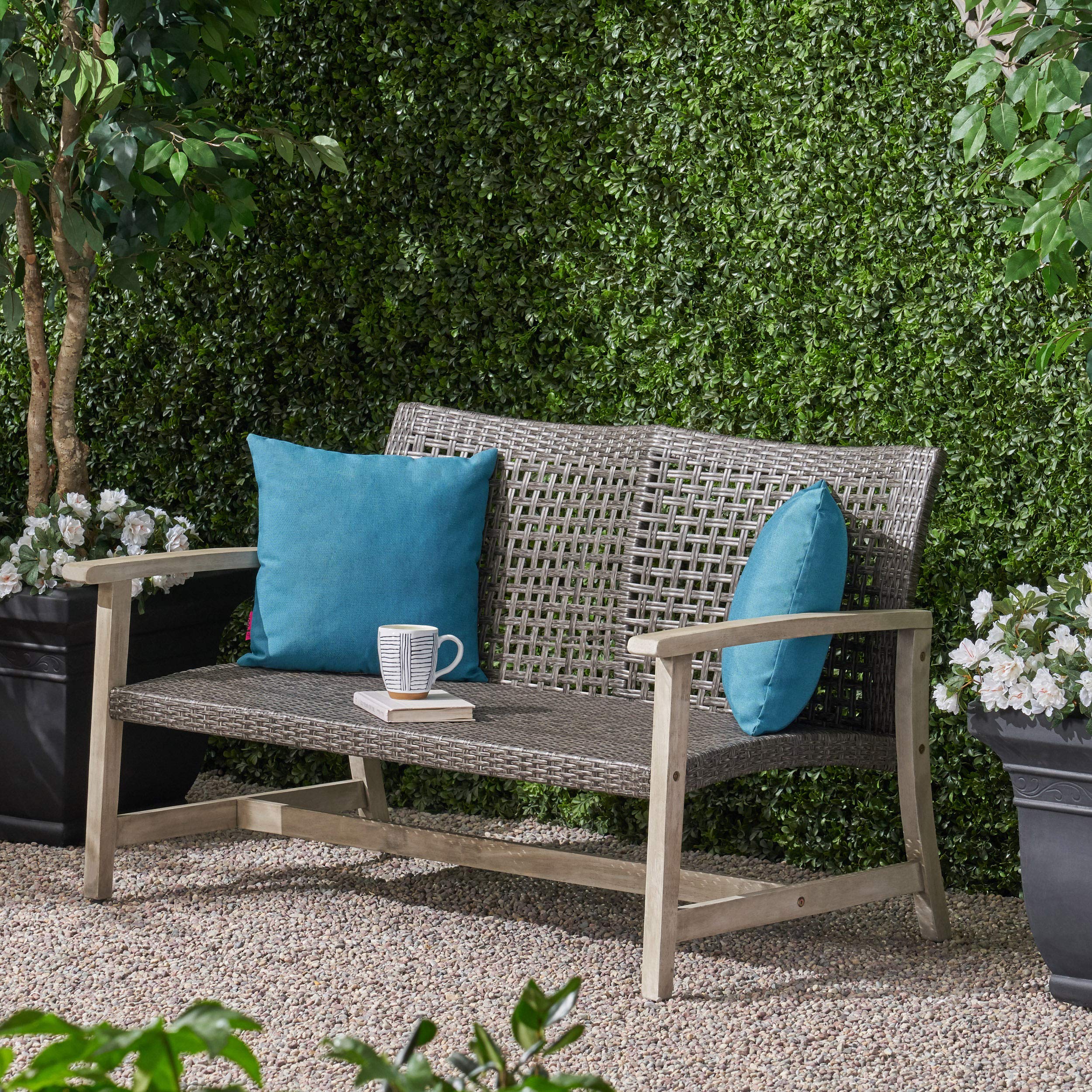 GDFStudio Outdoor Wood and Wicker Loveseat, Light Gray Finish with Mix Black Wicker