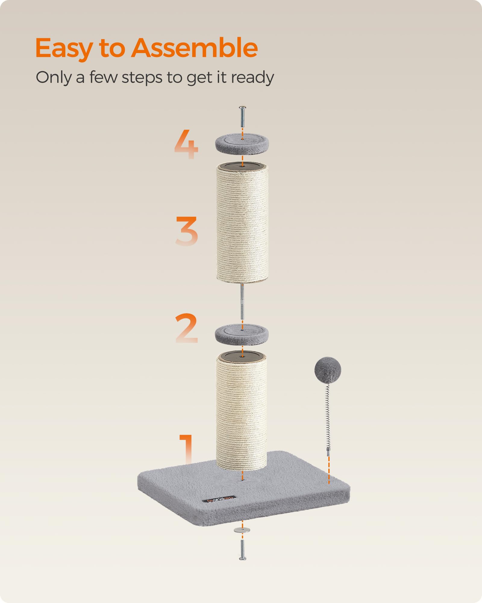 Feandrea Cat Scratching Post, 20.8-Inch Tall Cat Scratcher for Kittens, Small and Medium Cats, Sisal Scratch Pole, Spring Pompom with Built-in Bell, Dove Gray UPCA023G01