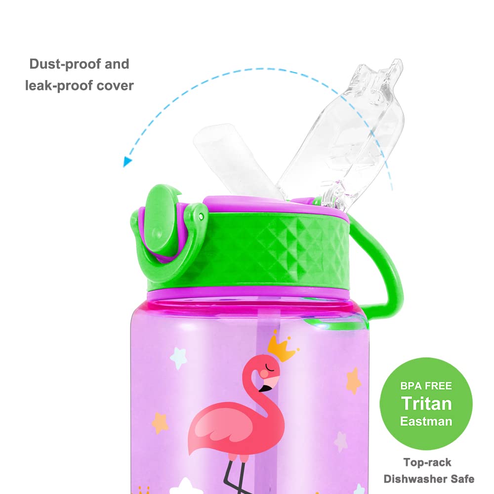 Home Tune 14oz Kids Water Drinking Bottle - BPA FRE, Chug Lid, Flip Sip Cap, Easy Open, Lightweight, Leak-Proof with Cute Design for Girls & Boys - 1PK - Flamingo