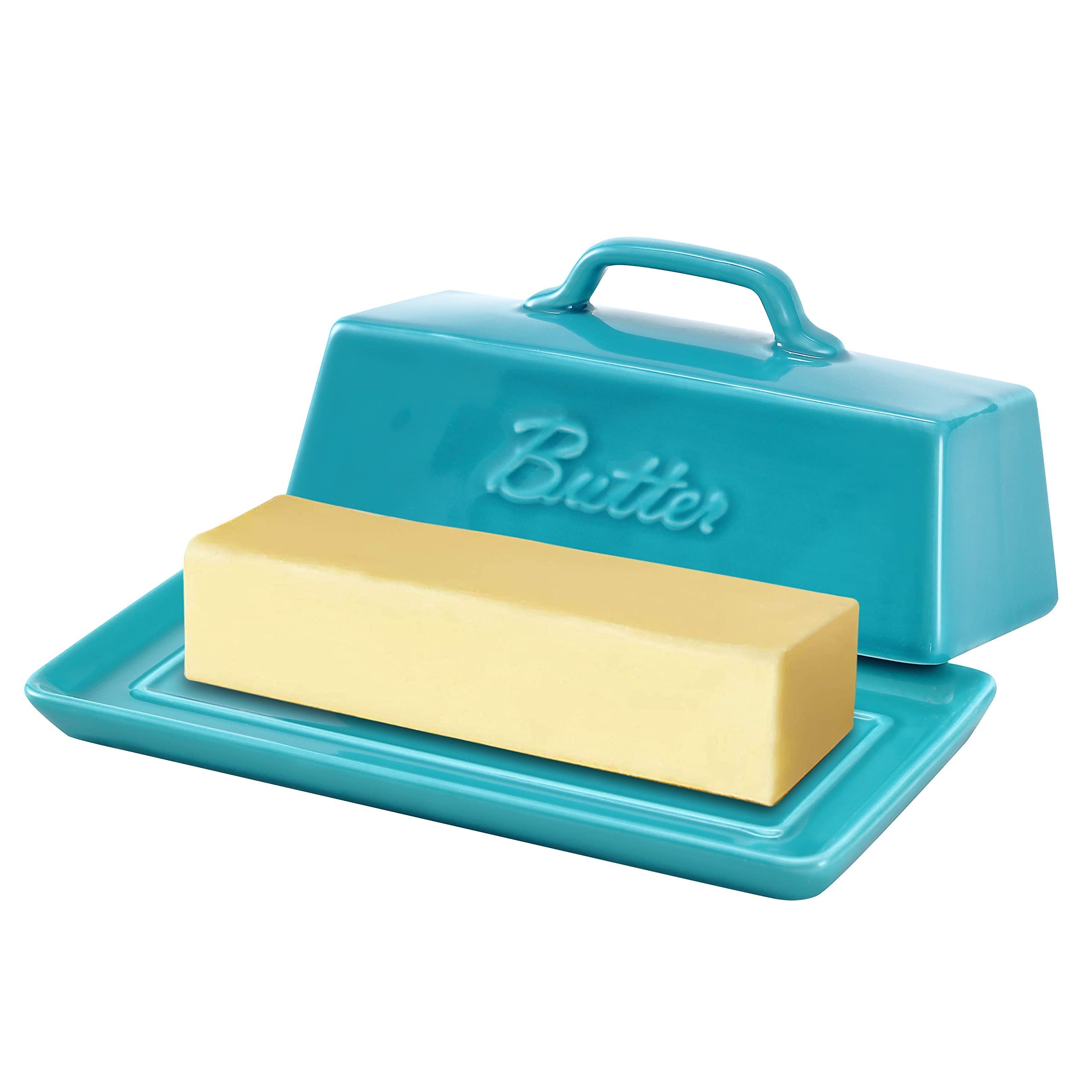 Bruntmor Porcelain Butter Keeper With Handle Cover, French Butter Dish Ceramic Butter Holder Container for Countertop, Butter Dish with Lid, Teal