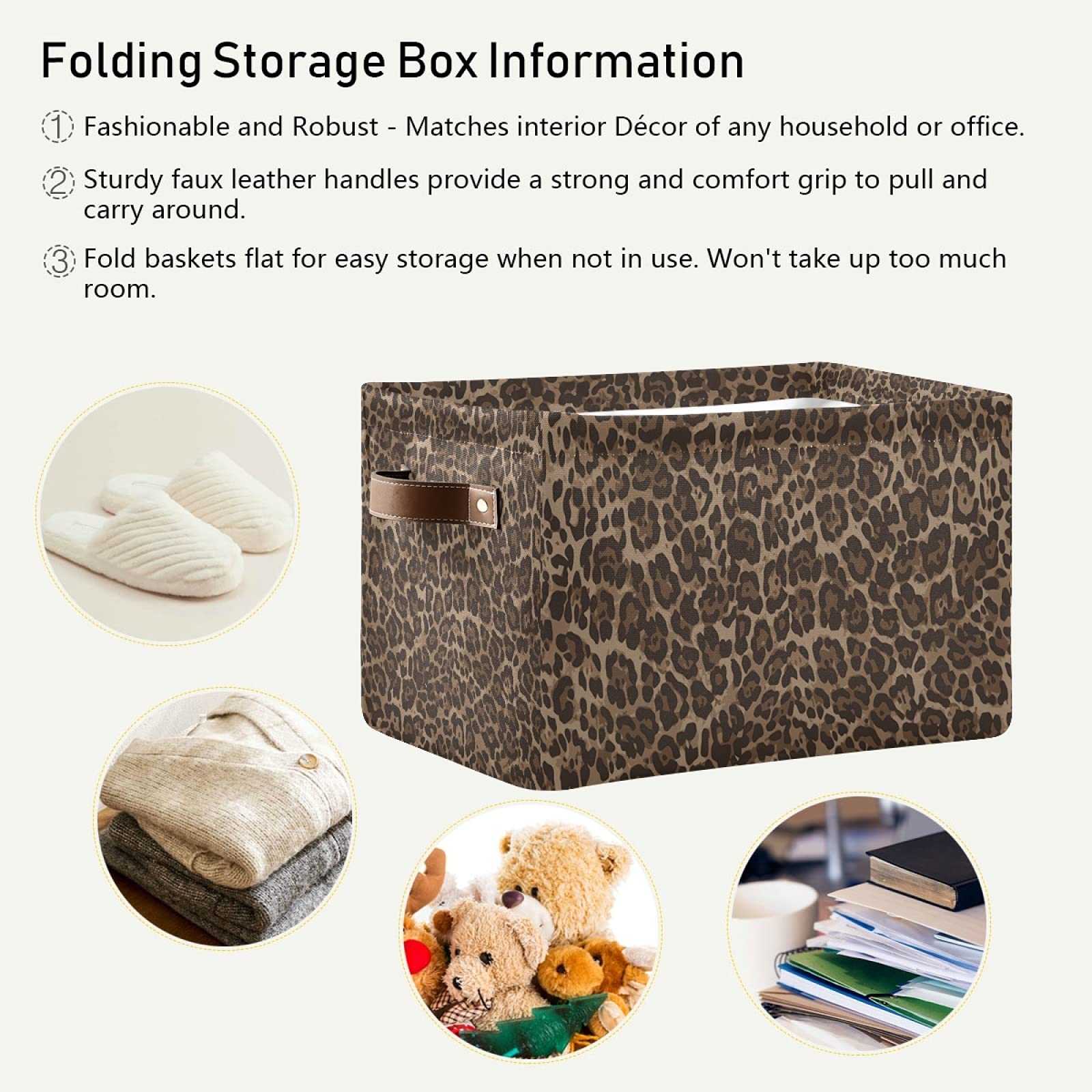 Leopard Print Storage Bins Basket, Animal Print Collapsible Storage Cube Rectangle Storage Box with Handles for Shelf Closet Nursery Bedroom Home Office 1 Pack