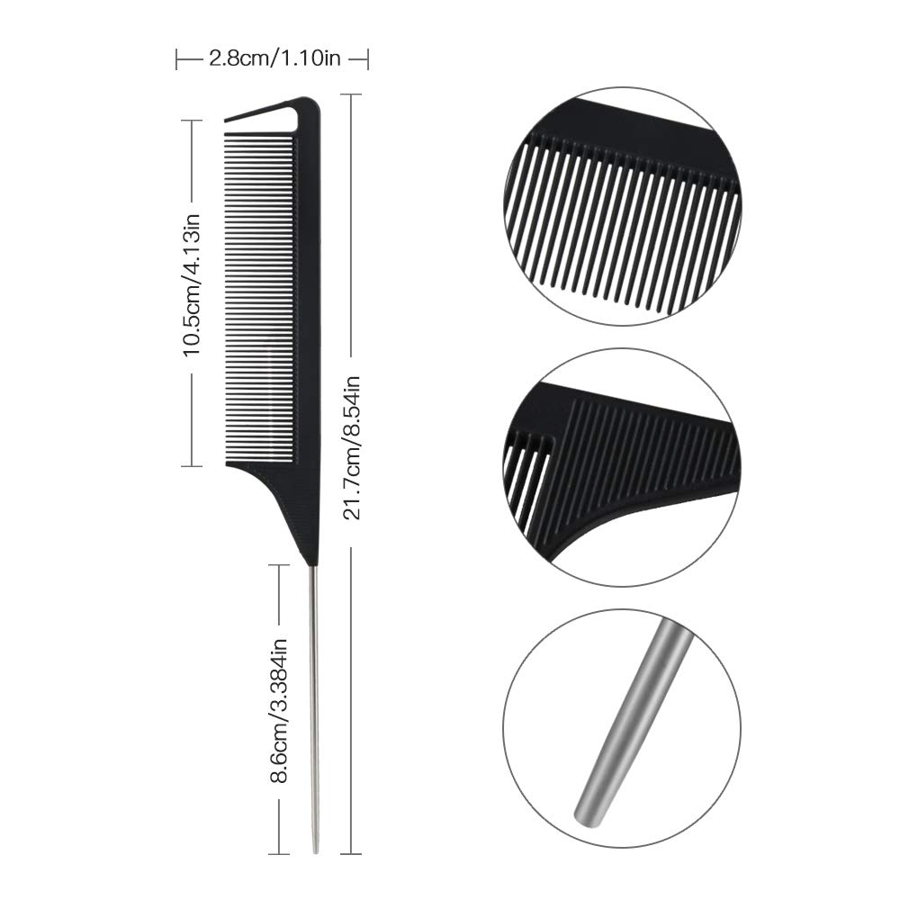 Carbon-Stainless Pintail Resistant Teasing-Parting Styling-Combs - Metal Slim Wire Tail Comb, Rat tail Lift Comb, with Non-skid Paddle for Women hair Parting Backcombing