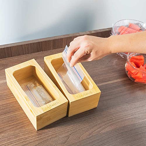 OFFSIR Ziplock Bag Storage Organizer and Plastic Wrap Dispenser, 5 Separate Food Bags Organizer for Kitchen Drawer, Bamboo Bag Holder with Cutter for Gallon, Quart, Sandwich, Snack, Wax, Foil