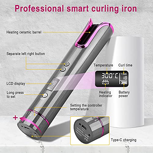 BlumWay Cordless Auto Hair Curler, Automatic Curling Iron with LCD Display Adjustable Temperature & Timer,Rechargeable & Portable Curling Wand for Travel,Magic Styling Tools(Purple)