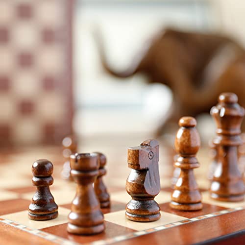 QueenSide 12" Magnetic Wooden Chess Set with Folding Chess Board & Staunton Chess Pieces 2 Extra Queens, Portable (30x30cm)