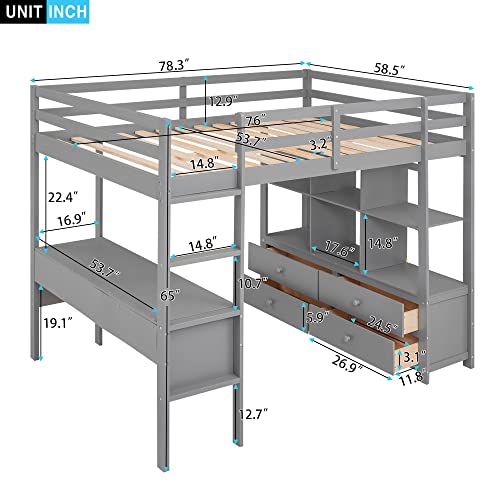 Harper & Bright Designs Full Size Loft Bed with Desk and 2 Drawers, Solid Wood Full Loft Bed with Storage Shelves and Drawers for Girls Boys Teens Adults,No Box Spring Needed,Grey
