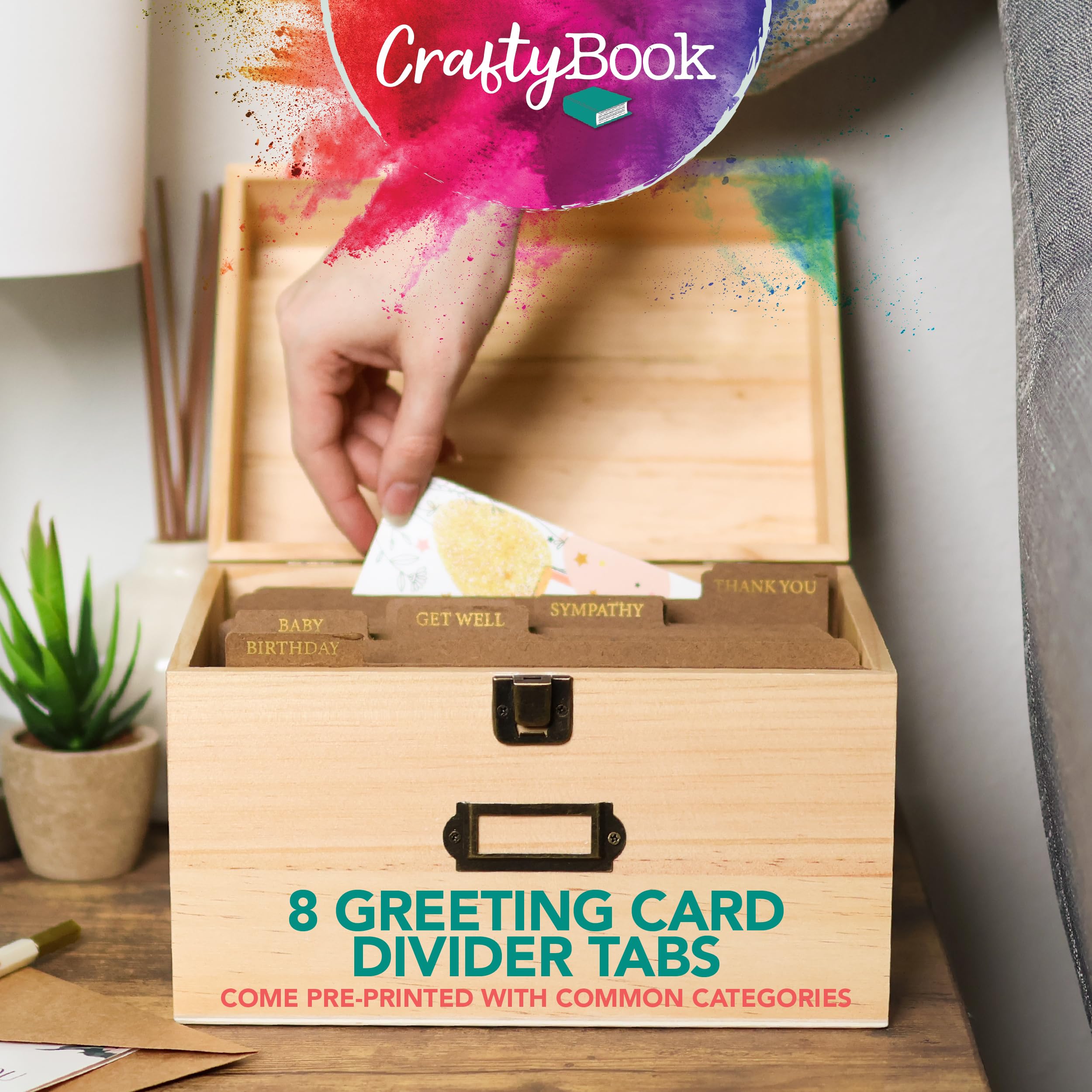 CraftyBook Greeting Card Organizer Box with Dividers - Empty Wooden Card Keeper Envelope Storage Box for 5 x 7in Birthday and Christmas Cards - Stationery Organizer for All Occasion Note and Postcards