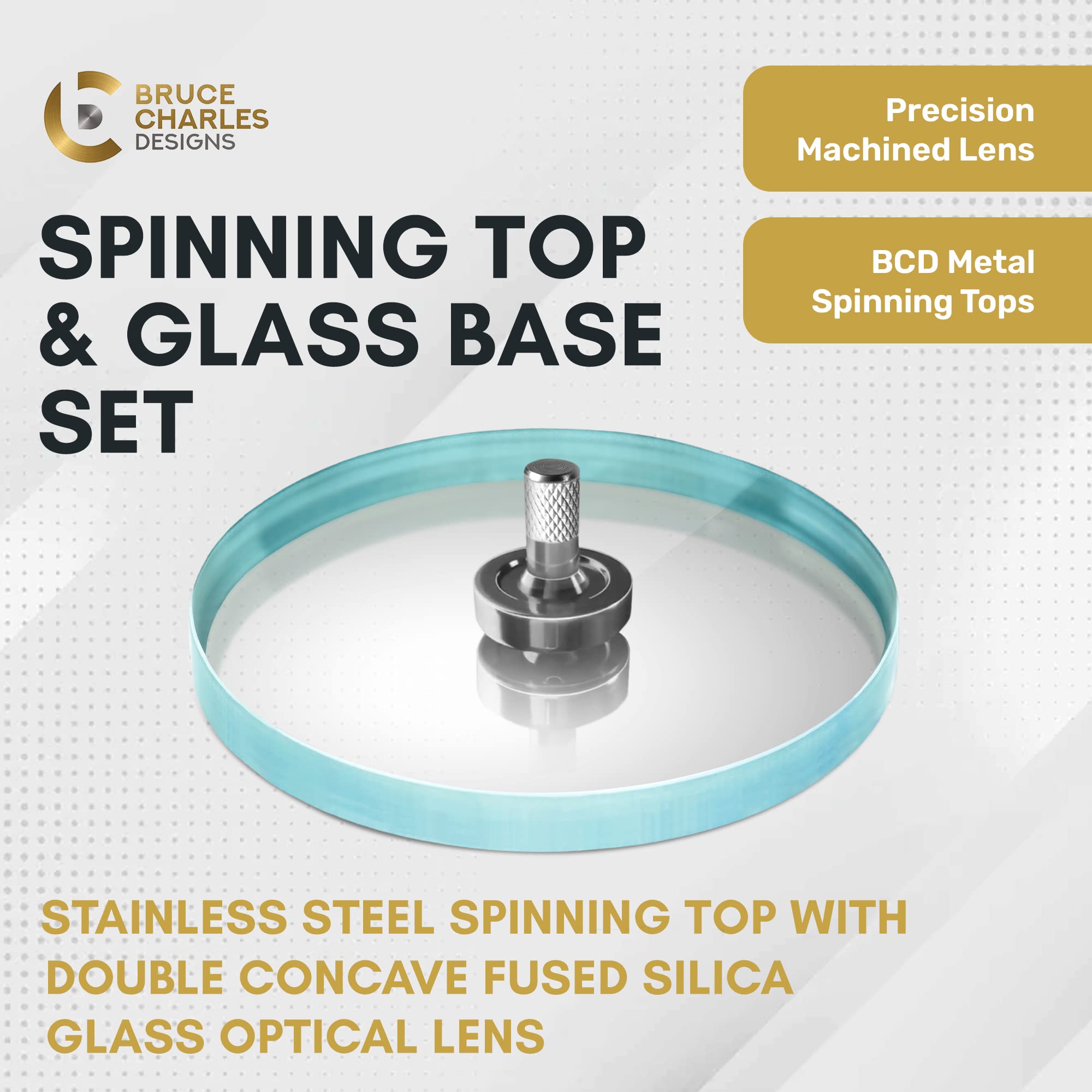 Bruce Charles Designs - Schulte Stainless Steel Metal Spinning Top & Glass Spinning Top Base Starter Set, Mental Focus, Spinning Toy with Glass Top Set, Desk Toys for Office