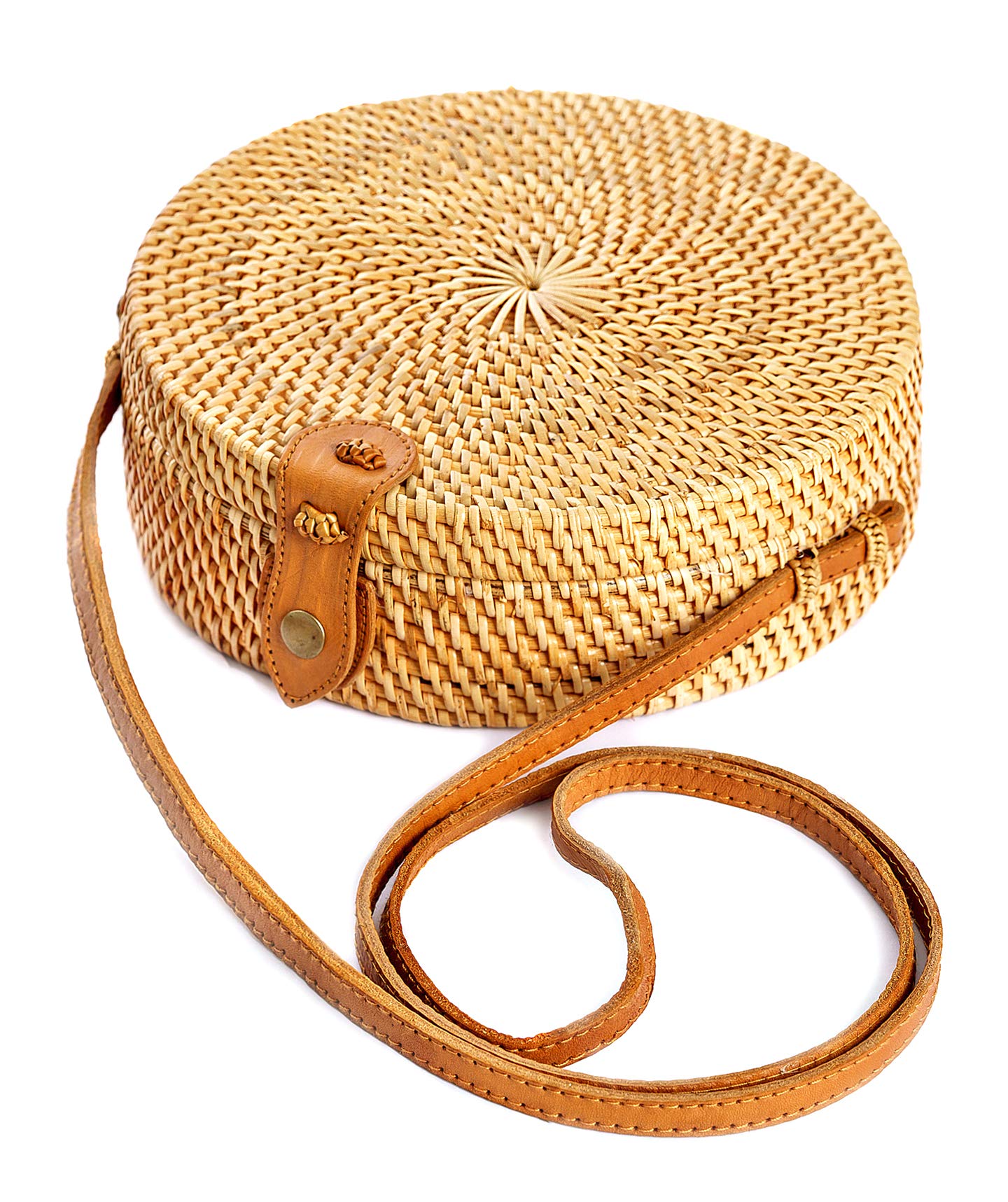 Rattan Bags for Women - Handmade Wicker Woven Purse Handbag Circle Boho Bag Bali (Brown Small)