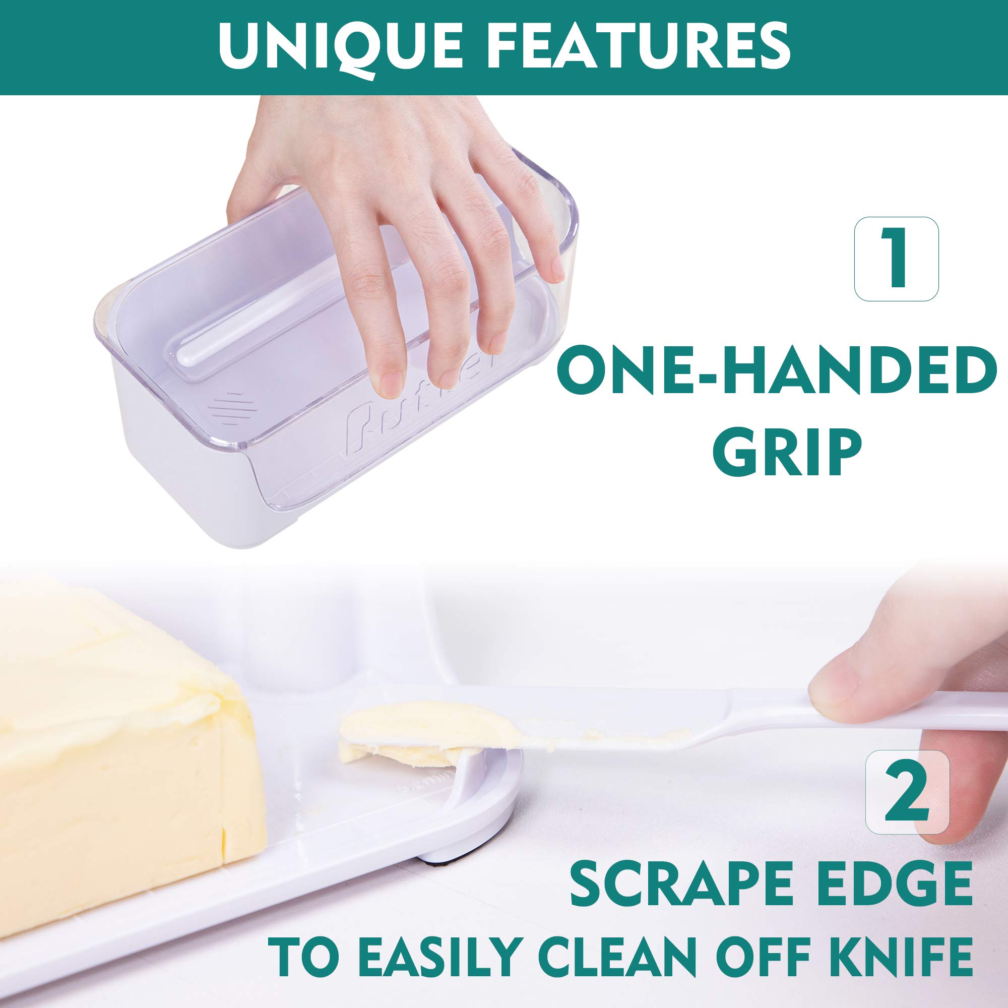 Butter Dish with Lid and Knife,Butter Container with 180° Rotating Sealing Flip-Top,Butter Keeper for Countertop or Fridge,Plastic Butter Holder Container, BPA-Free, Freezer Safe, Hand Wash (White)