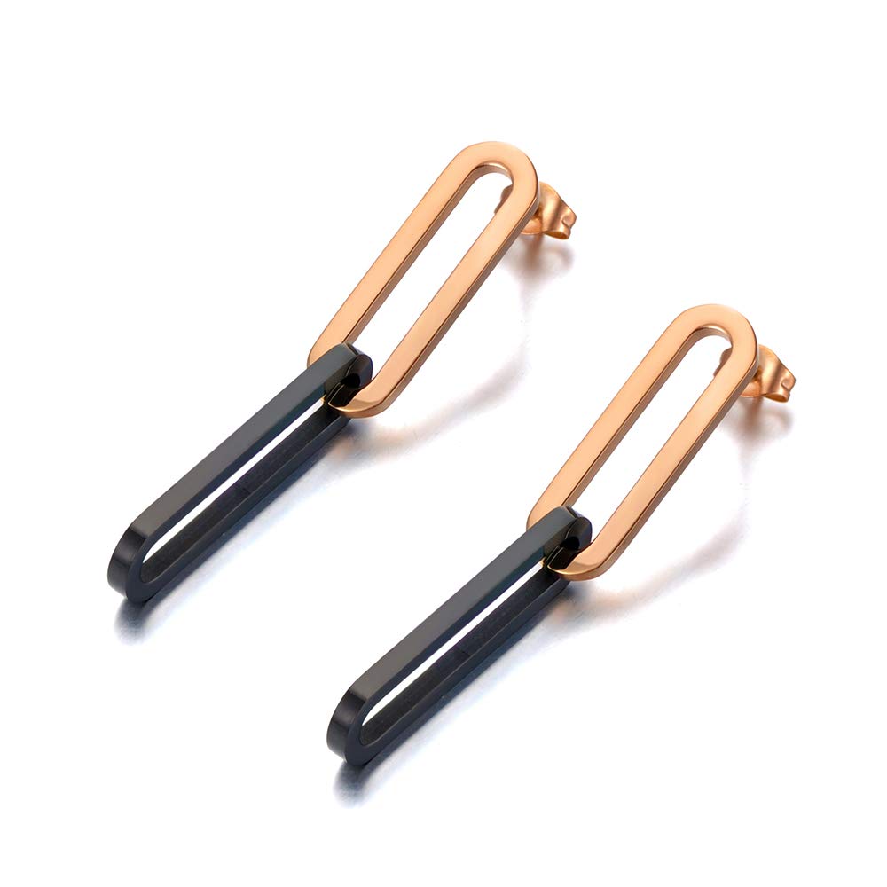 BOBOTUU Black Geometric Earrings for Women, Stainless Steel Hypoallergenic Statement Handmade Dangle Earrings, Trendy Rose Gold Chunky Dainty Women's Drop Earrings
