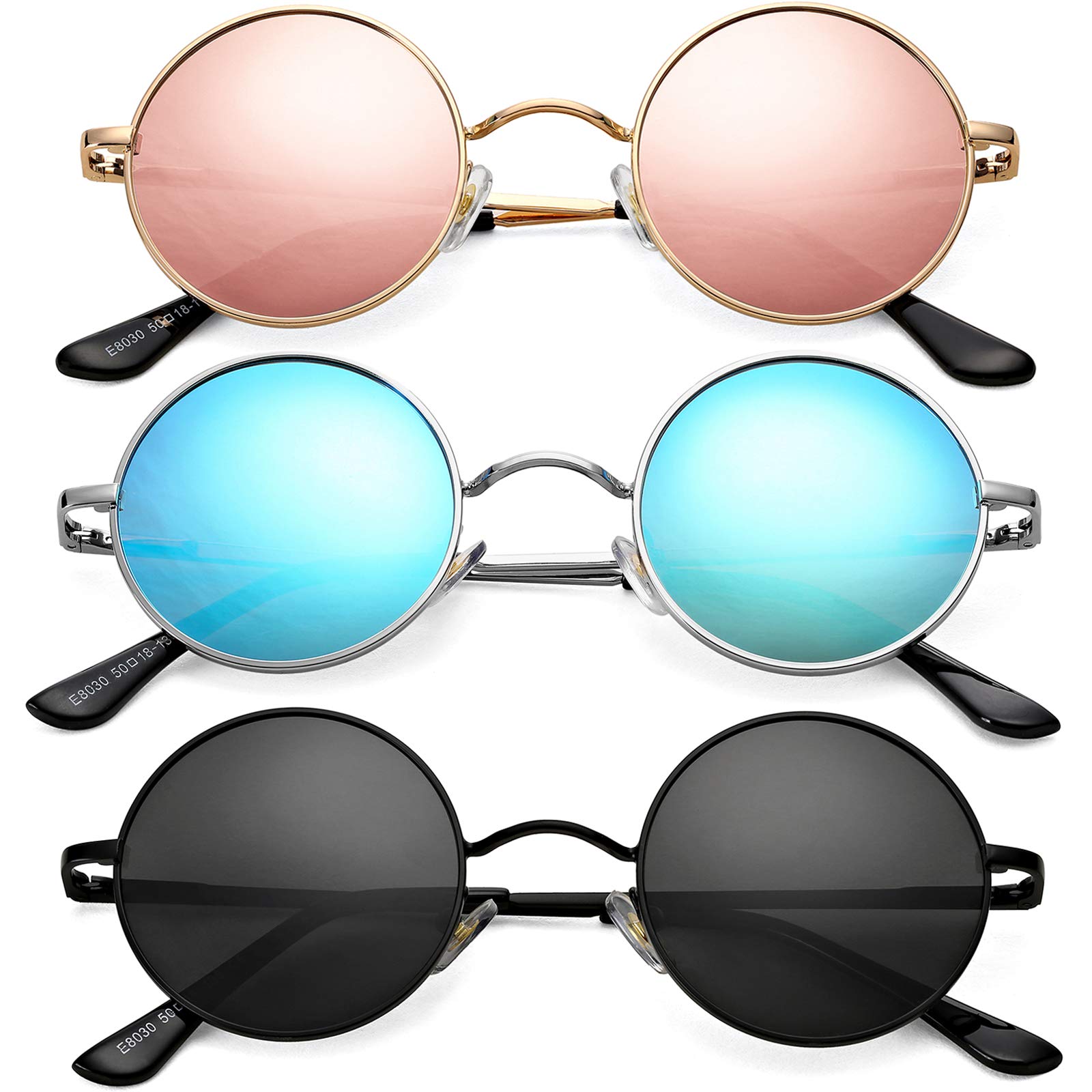 Braylenz 3 Pack Trendy Small Round Polarized Sunglasses for Women Men, Retro Hippie Style Shades Glasses (Pink Mirrored + Blue Mirrored + Black)