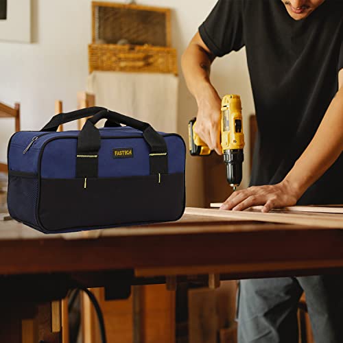 FASTECH 14 Inch Small Tool Bag,Wide Mouth Tool Tote Bag,Waterproof Tool Organizer Bag,Electricians Repairman Tools Tote Bag Double Fabric Storage Bag (Blue)