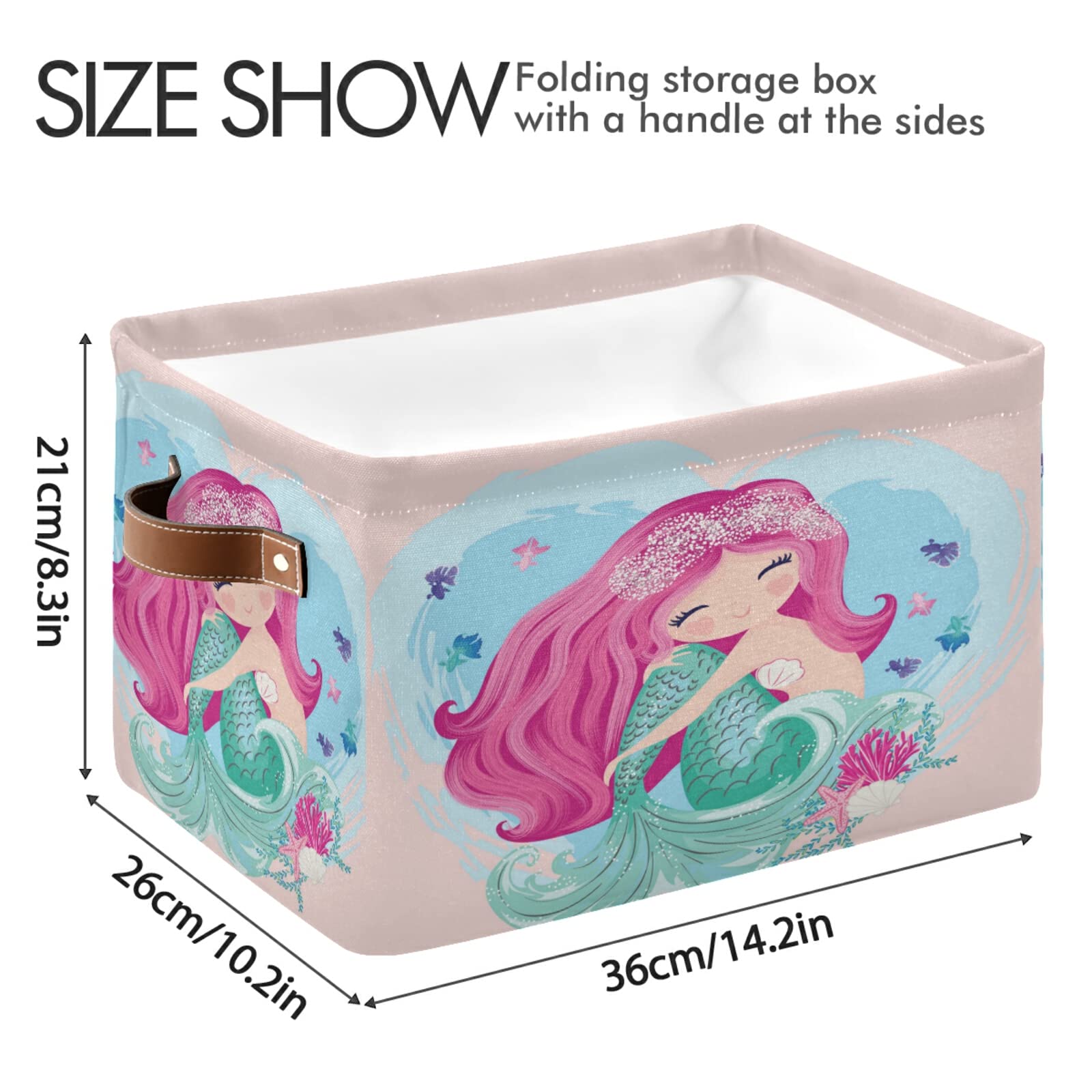 FZDXZJJ Cute Ocean Mermaid Storage Basket Bins, Sea Fish Starfish Decorative Baskets Storage Box Collapsible Storage Cubes Organizer with Handles for Nursery Shelf Closet Office Home Bedroom, 2 Pack