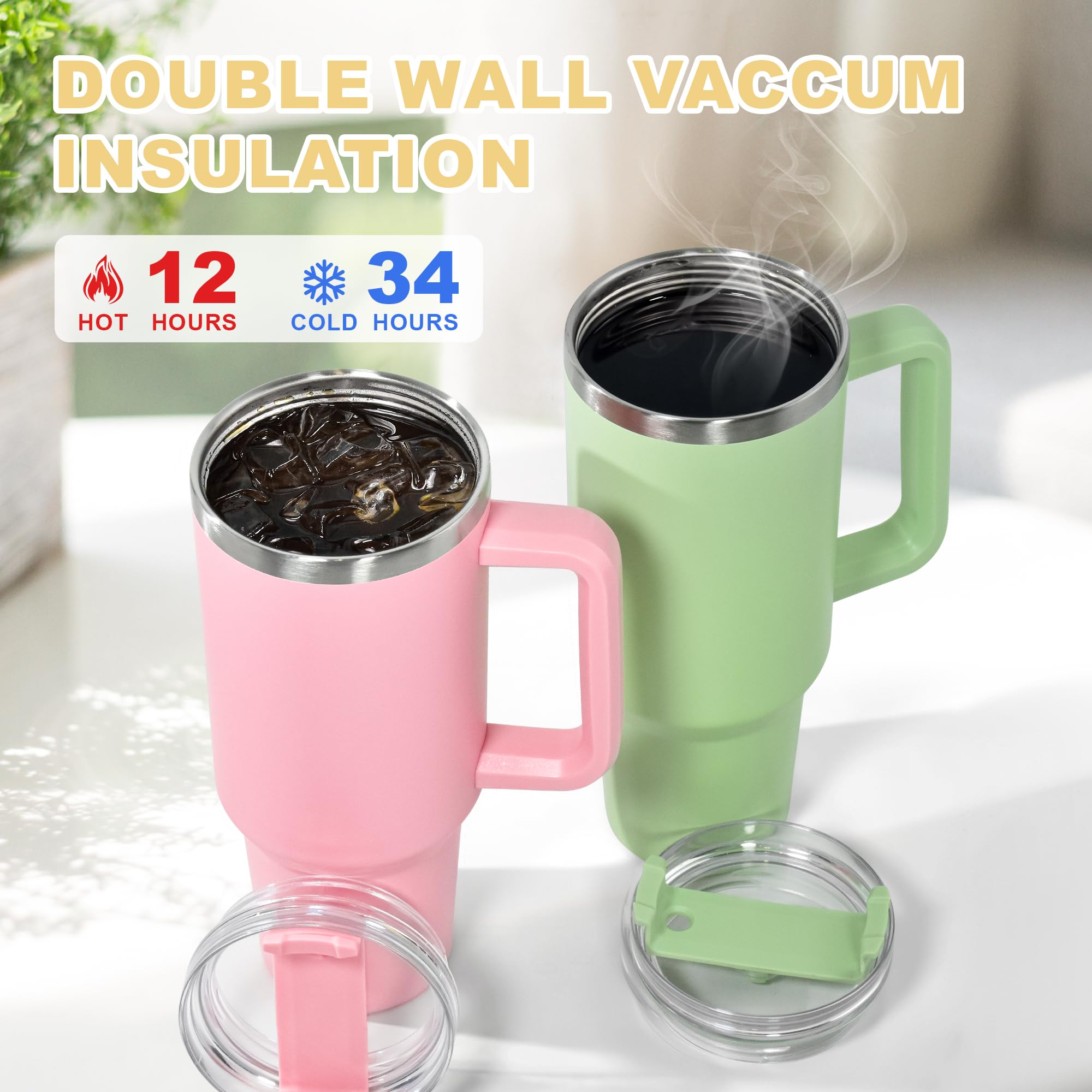 FECBK 40 oz Cow Tumbler with Handle and Straw, 100% Leak-Proof Travel Mug, Stainless Steel Double Wall Vacuum Insulated Coffee Cup Keeps Cold For 34 Hours, White Cow