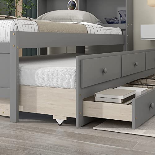 Harper & Bright Designs Twin Bed with Twin Size Trundle and Drawers, Solid Wood Platform Bed Frame with Bookcase Headboard for Kids Teens Adults (Twin Size, Gray)