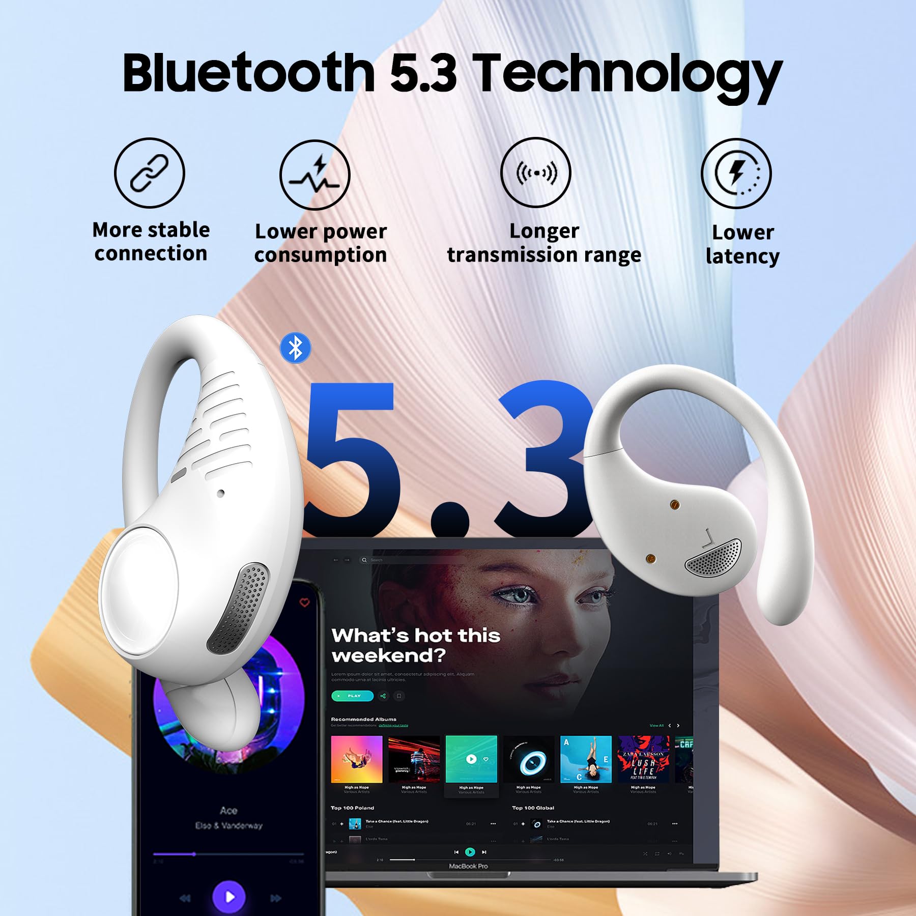 Blackview Open Ear Headphones Wireless Earbuds Bluetooth 5.3, White Wireless Headphones Touch Over Ear Buds 40H Playtime w Mic, Deep Bass Sport Earbuds with Ear Hooks for Workout Running Gym