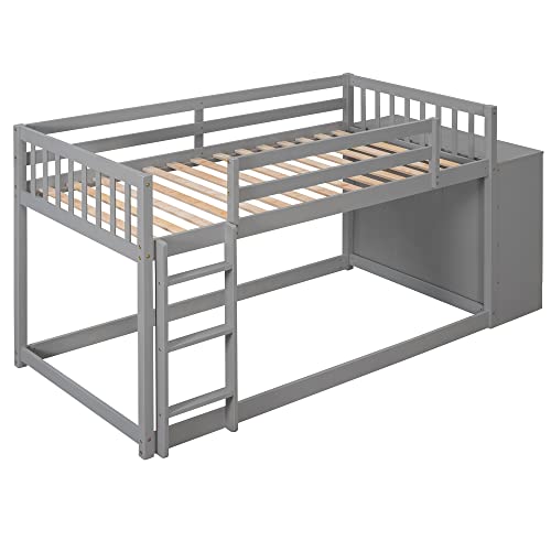 Harper & Bright Designs Twin Over Twin Bunk Bed with Storage, Wood Floor Bunk Beds with 4 Drawers & 3 Shelves, Low Bunk Bed, Twin Loft Bed for Kids, Girls Boys, Teens, Adults (Gray)