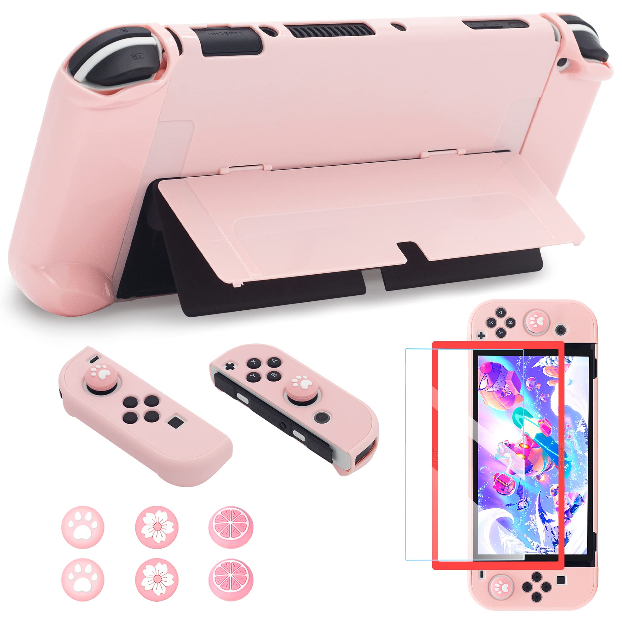 BRHE Cute Dockable Case Compatible with Nintendo Switch OLED 2021 [New Upgrade] Protective Grip Skin Cover with Tempered Glass Screen Protector and Thumb Stick Caps (Pink)