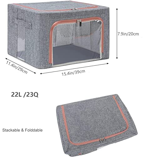 OJIMO Foldable Clothes Storage Bins 2 Pack,Stackable Metal Frame Storage Box w/Reinforced Handle, Stackable Thick Linen Fabric Closet Organizer Set with Clear Windows, Sturdy Zippers(15.4x11.4x7.9in)
