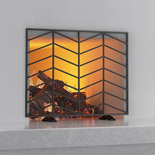 Fire Beauty Single Panel Handcrafted Wrought Iron Mesh Chevron Fireplace Screen, Fire Spark Guard for Living Room, Bedroom DƩcor
