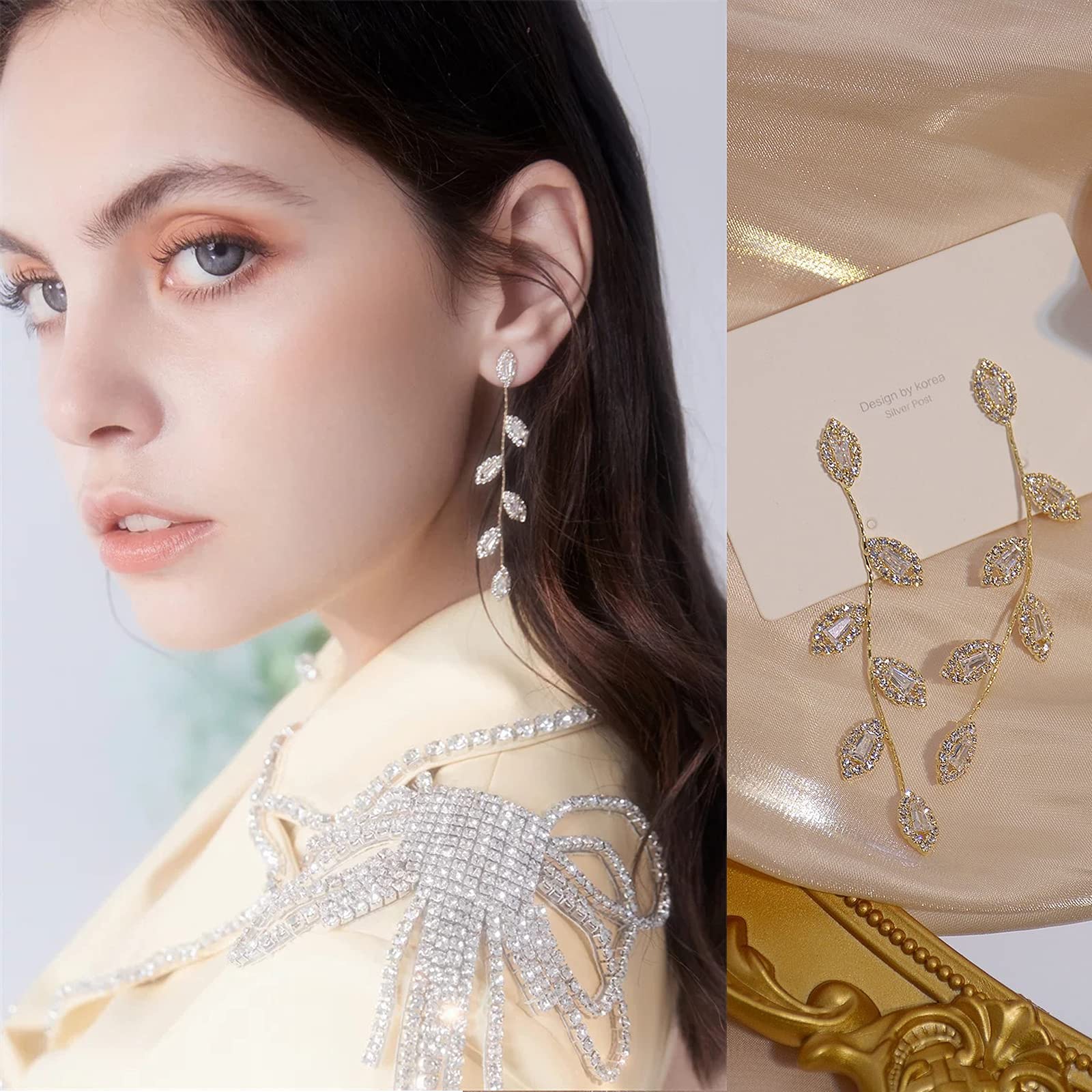 Bridal Earrings for Wedding Rhinestone Dangle Earrings Leaf Earrings Long Earrings Elegant for Women