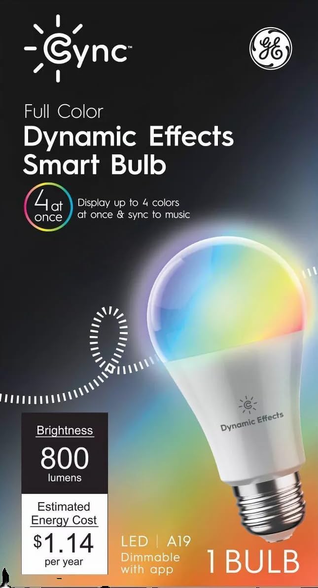 GE Cync Smart Bulb Dynamic Effects Full Color A19 2.4GHz Wi-Fi and Bluetooth Enabled, Works with Google Assistant and Amazon Alexa, No Hub Required (1-Pack)