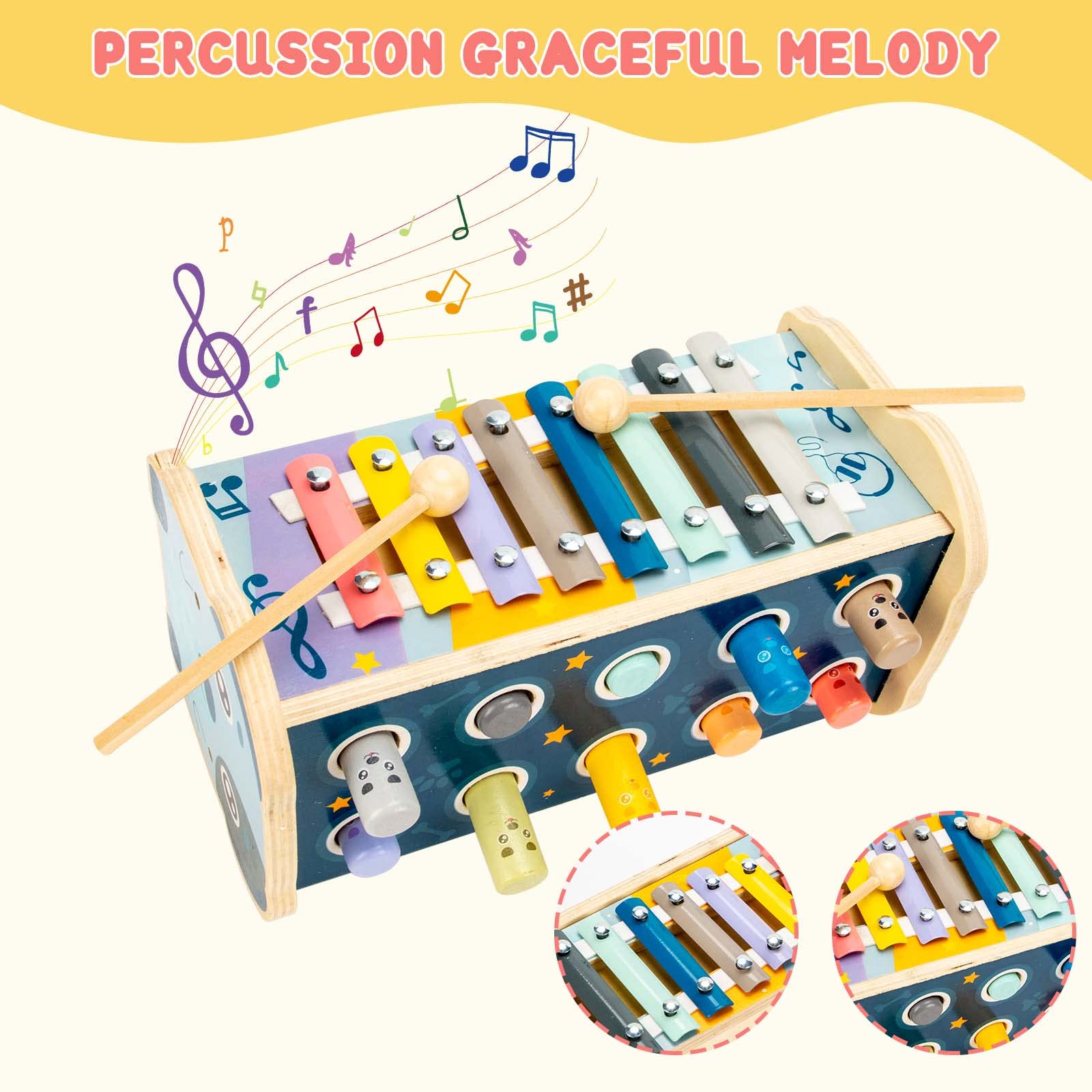 kogabanny Wooden Hammering Toy, Educational Pegs Pound Maze Puzzle Number Sorter Musical Toy with Xylophone, Hammers, Mallets, for Kids