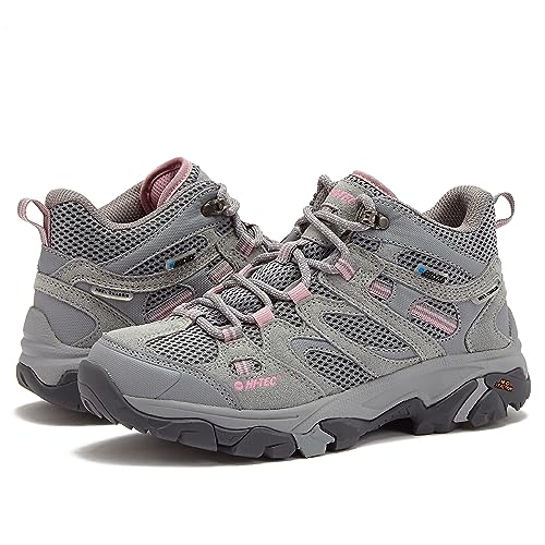 HI-TEC Apex Lite Mid WP Waterproof Hiking Boots for Women, Lightweight Outdoor and Trail Shoes - Medium Grey/Light Pink, 9.5 Medium