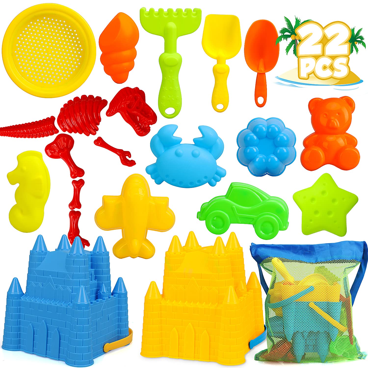 TOY Life Beach Toys for Kids 3-10 - Kids Sand Toys Sandbox Toys with 2 Sand Castle Buckets, Shovels, Rake, Sifter, Animal Dinosaur Sand Castle Molds, Sandcastle Building Kit, Sand Castle Toys for Beah