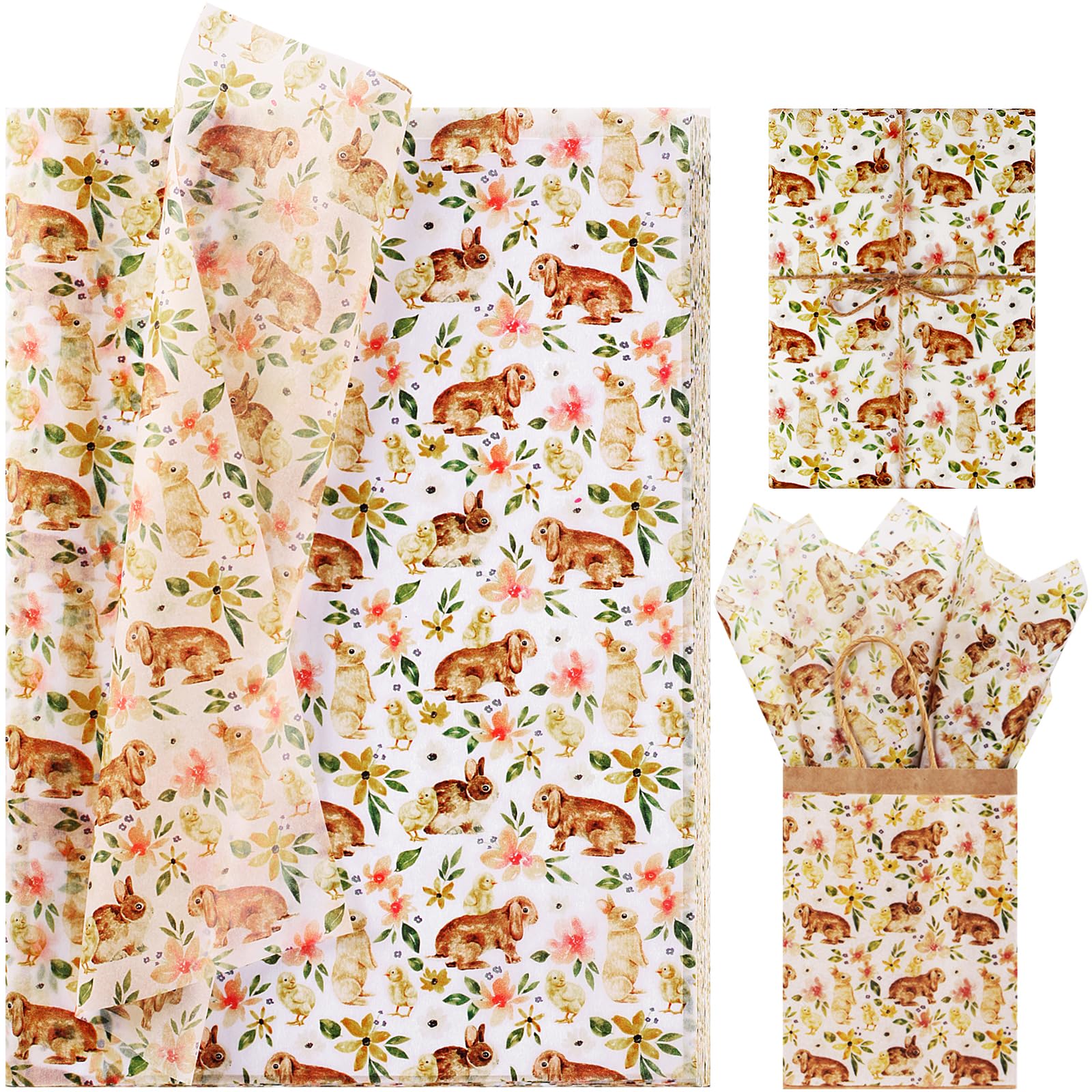 Bolsome 100 Sheets 20 * 14 Inches Easter Bunny Tissue Paper for Gift Bags Watercolor Floral Chicken Rabbit Patterned Gift Wrapping Tissue Paper for Baby Shower Birthday Easter DIY Craft