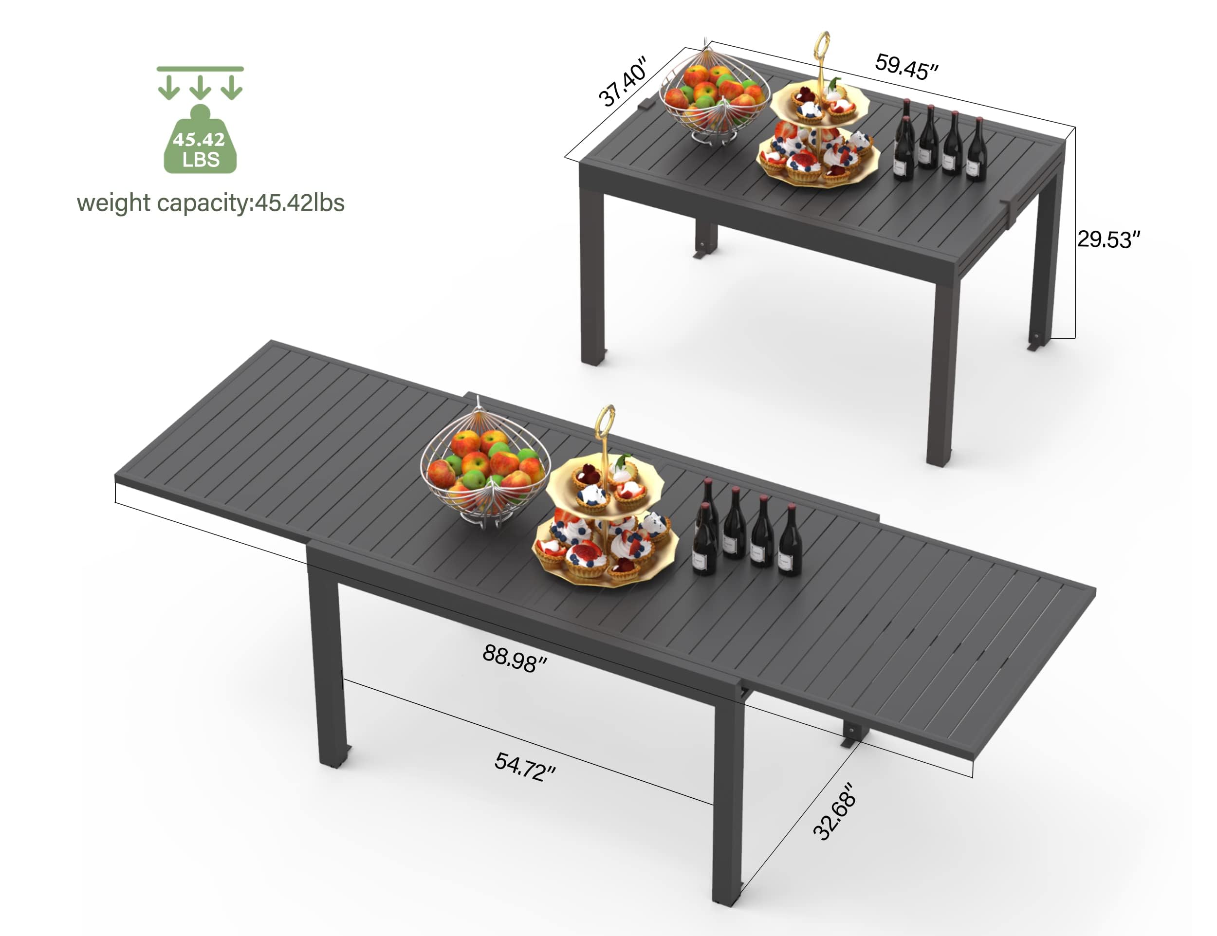 Domi 59" - 89" Expandable Patio Dining Table - Aluminum, Adjustable, Smooth-Sliding, Outdoor Furniture for 6-8 Person, Ideal for Backyard, Porch, Deck, Garden - Dark Brown,