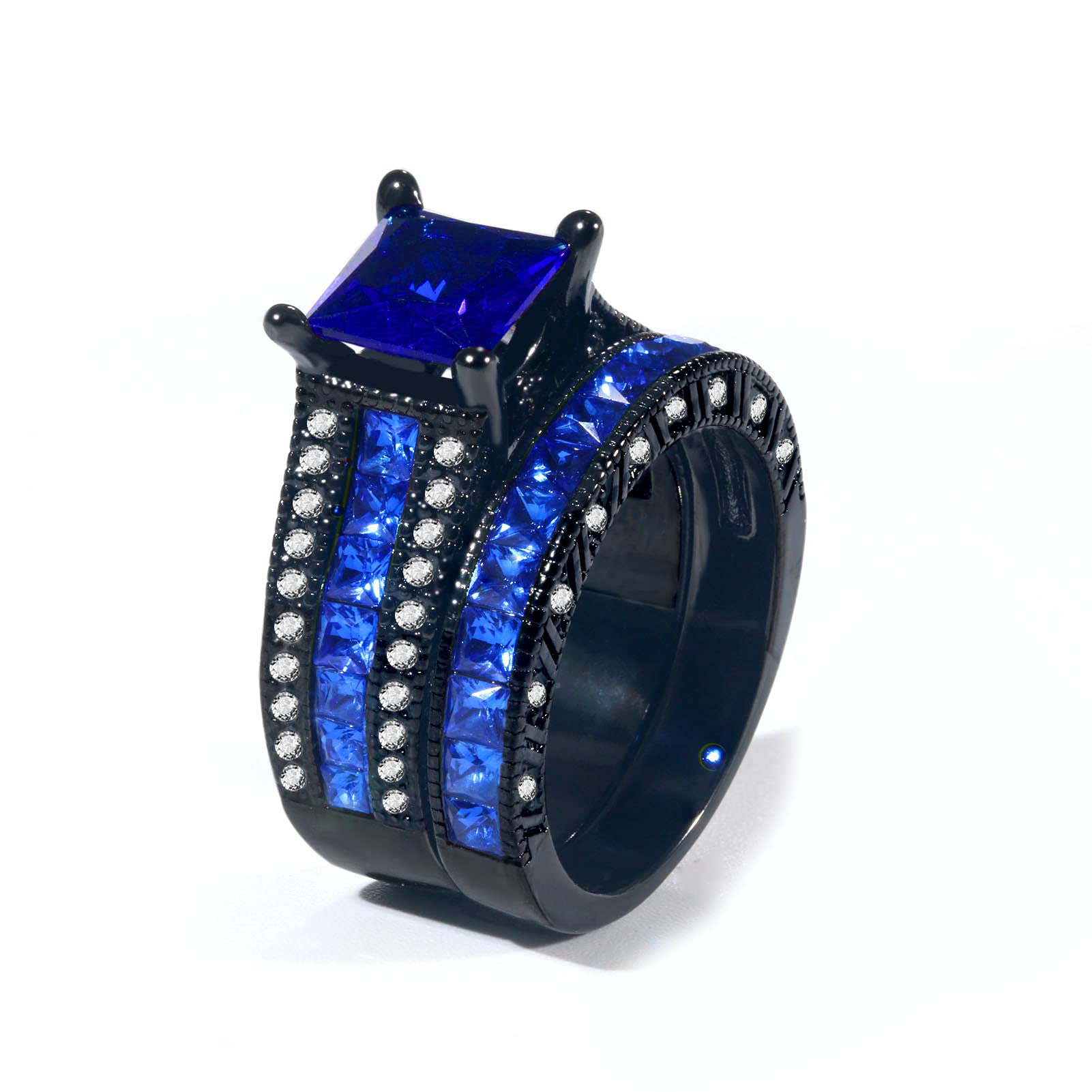 Bridal Sets Luxury Black Gold Plated Womens Wedding Ring Sets Princess cut 8mm Blue Cz Engagement Ring