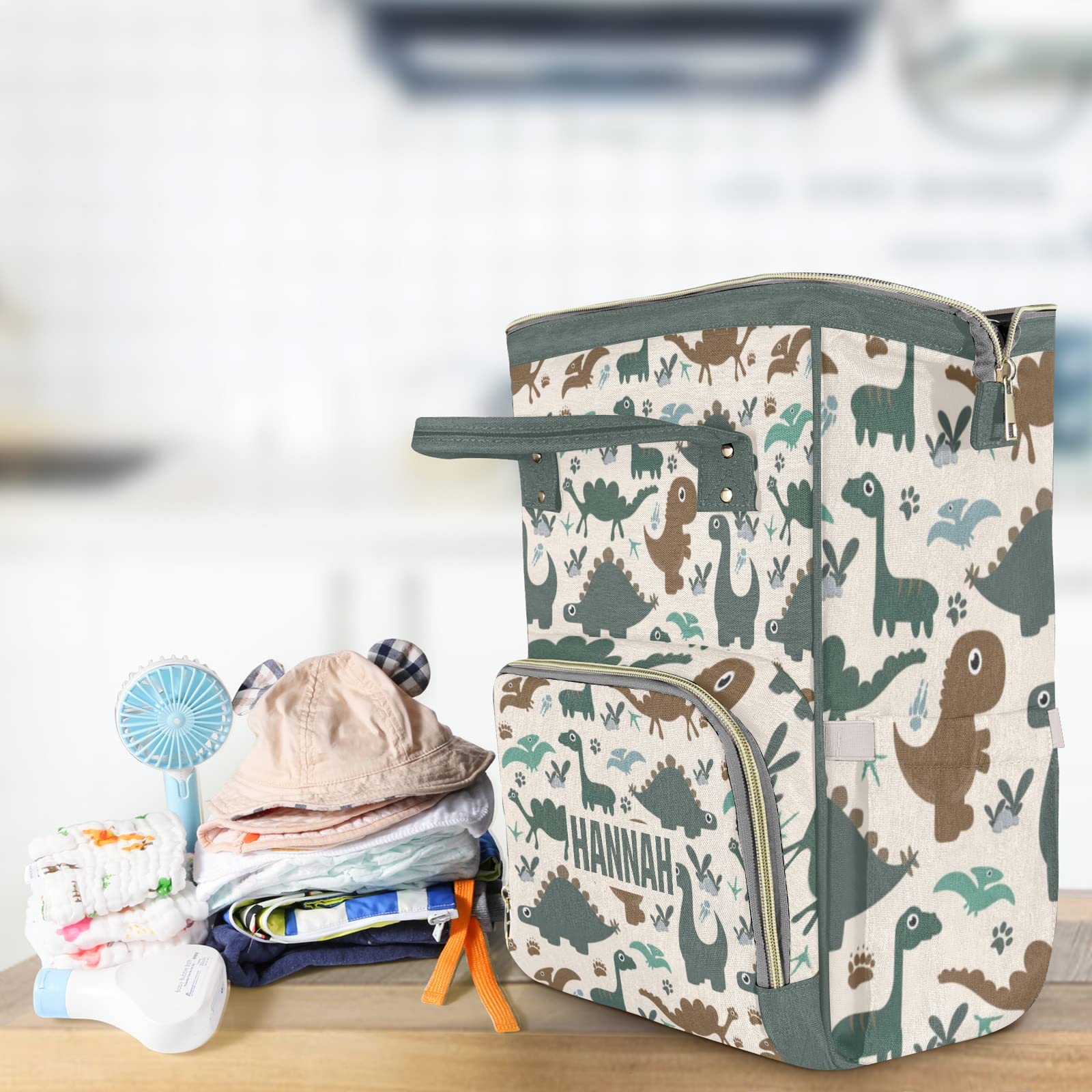 CustomLife Green Dinosaur Multi-Function Personalized Diaper Bag Backpack Tote with Name Travel Shoulder Casual Daypack Waterproof, 18.1''(H) x 10.83''(L) x 6.69''(W)