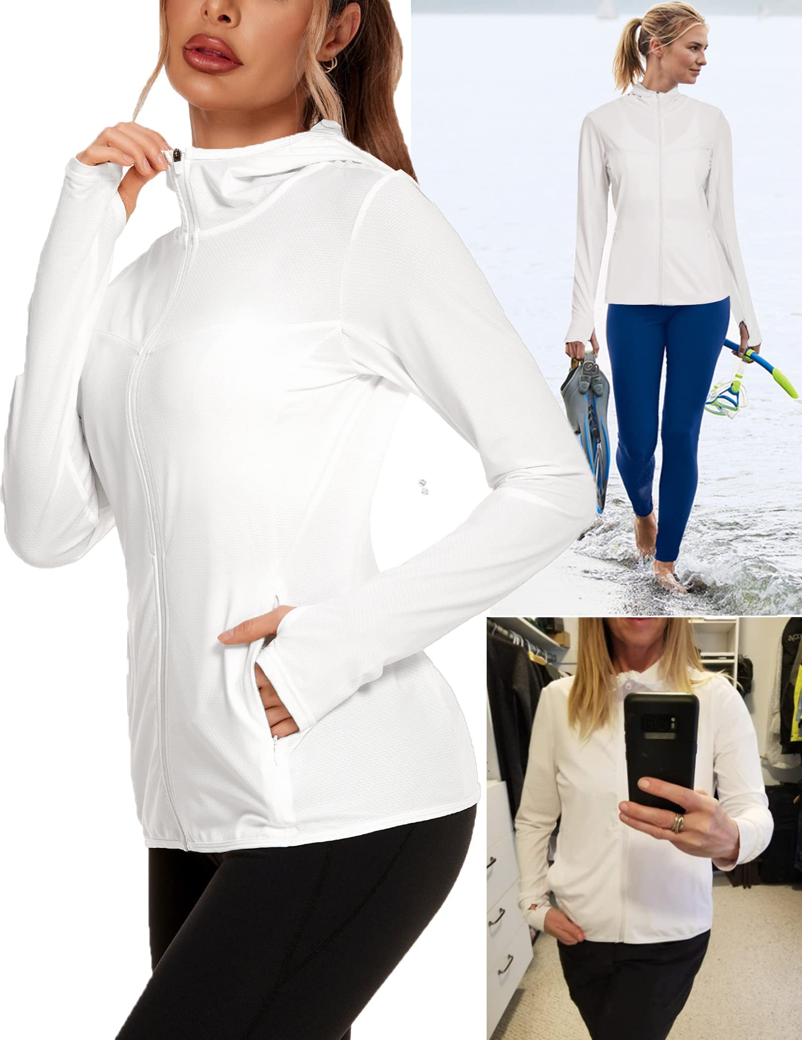 COOrun Women's UPF 50+ Sun Protection Hoodie Jacket Lightweight Full Zip Running Jacket Athletic Jacket with Thumb Holes White XL