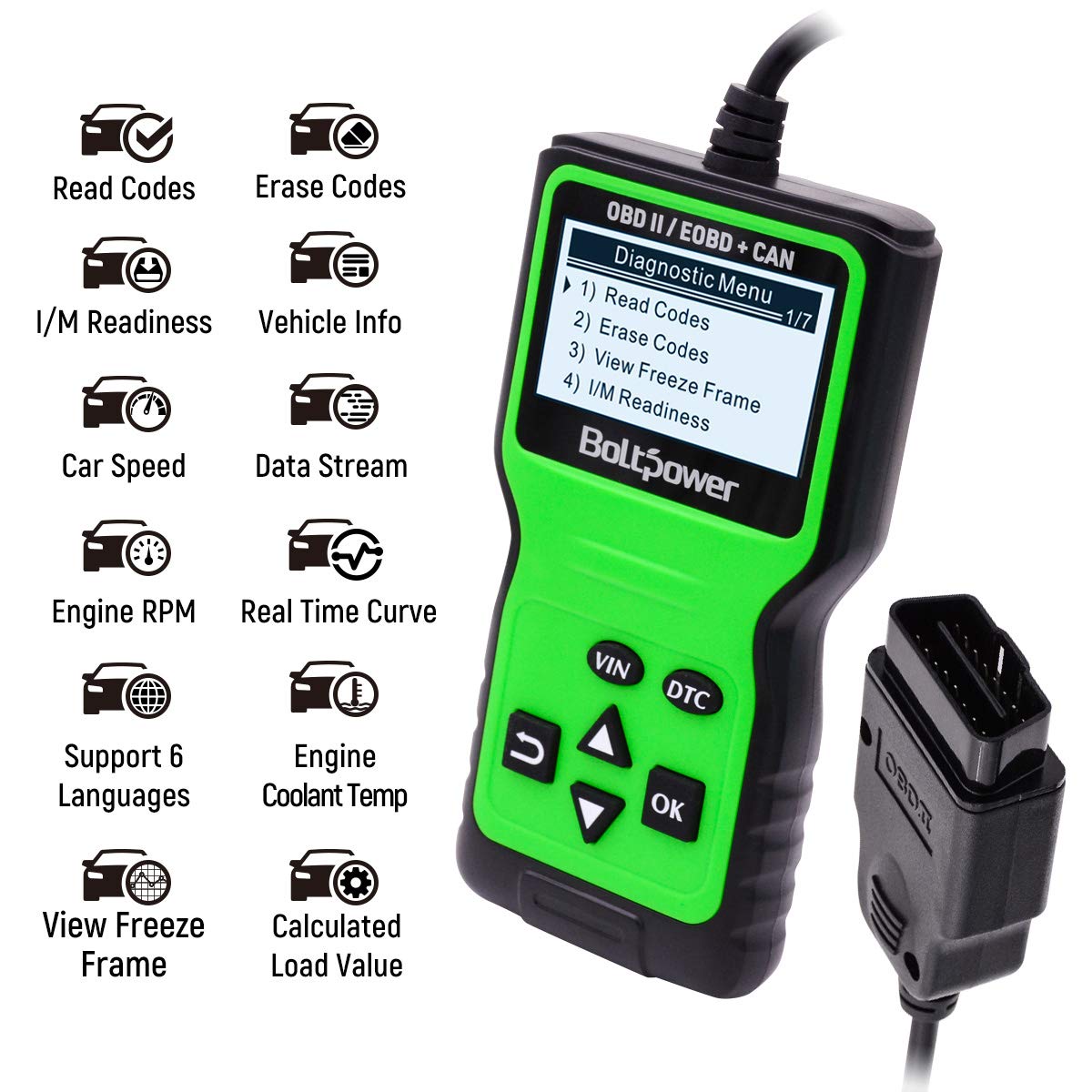Bolt Power OBD2 Scanner Code Reader, Read and Erase Fault Codes, Automotive Car Emission Monitor, Check Engine Light CAN Diagnostic OBD II Scan Tool for Japanese, European, American Automobiles