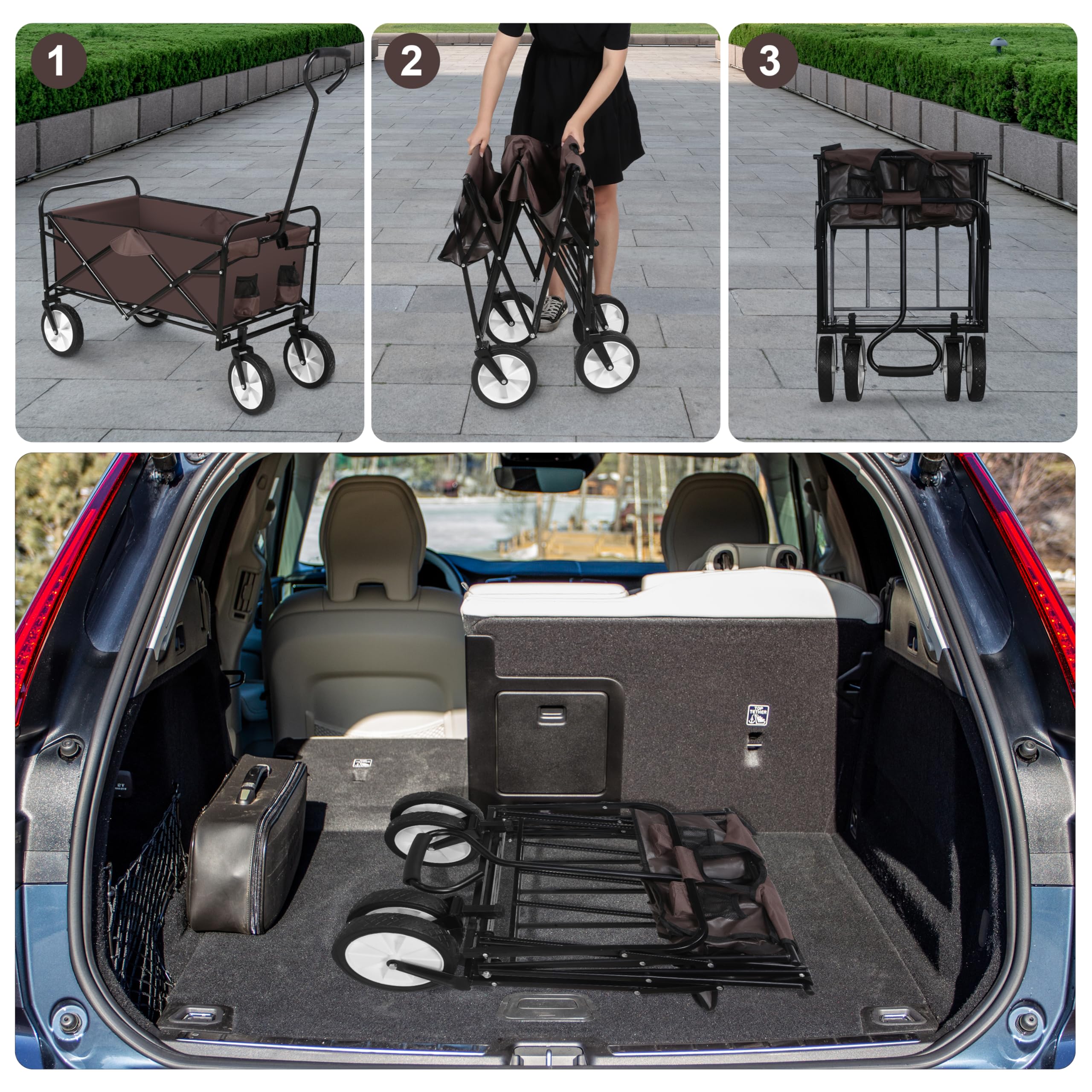 Collapsible Folding Wagon, Beach Wagon Cart Heavy Duty 220LBs Foldable, Utility Grocery Wagon with Side Pocket for Camping Garden Sports