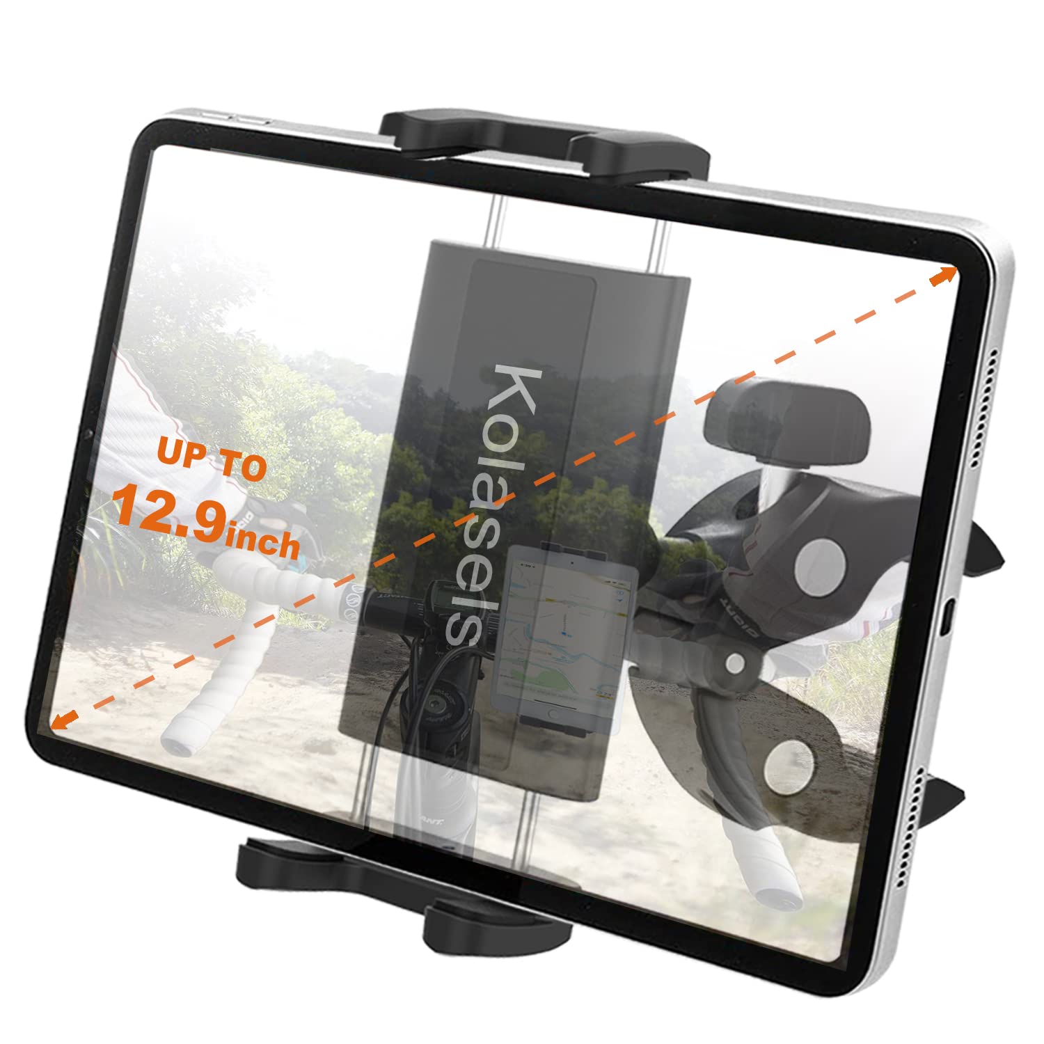 Kolasels Bike Handlebar Tablet Mount for 4-13" iPad & Phone, Motorcycle Handlebar Tablet Holder with Super C-Clamp for Microphone/Bicycle/Treadmill/Elliptical, Fit for iPad Pro, Air, Mini, iPhone