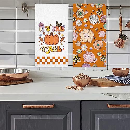 GAGEC Fall Kitchen Towels Retro Pumpkin Season Fall Dish Towels Set of 2, Floral Butterfly Boho Tea Towel 18 x 26 Inch Hand Drying Cloth Towel for Kitchen Home Decoration