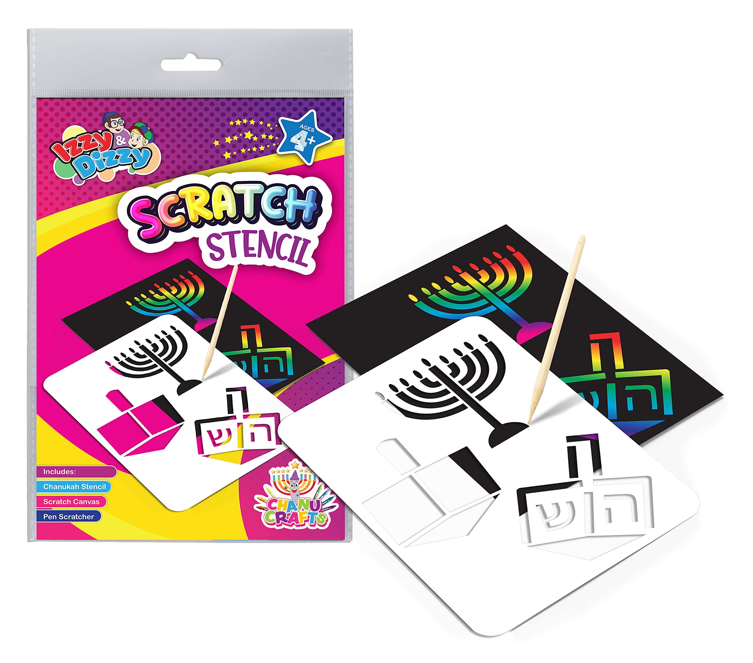 Izzy 'n' Dizzy Hanukkah Scratch Stencil Art Kit - 8" x 6" - Includes Sctatch Stick - Chanukah Arts and Crafts - Gifts and Games
