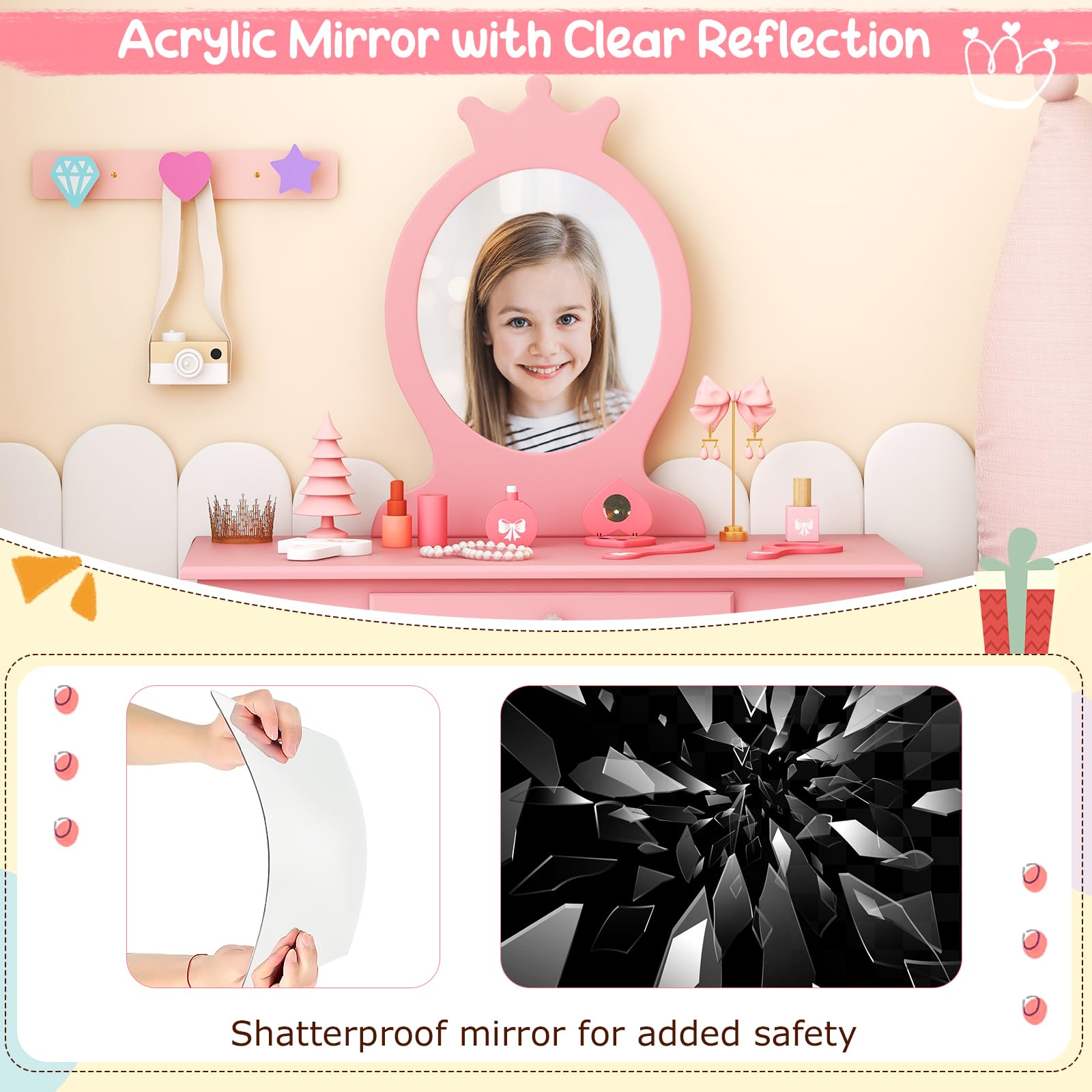 HONEY JOY Pink Crown Makeup Vanity, Includes Chair & Real Glass Mirror, Large Engineered Wood Kids' Vanity Set, Safe & Sturdy, Easy to Install & Clean, Pink